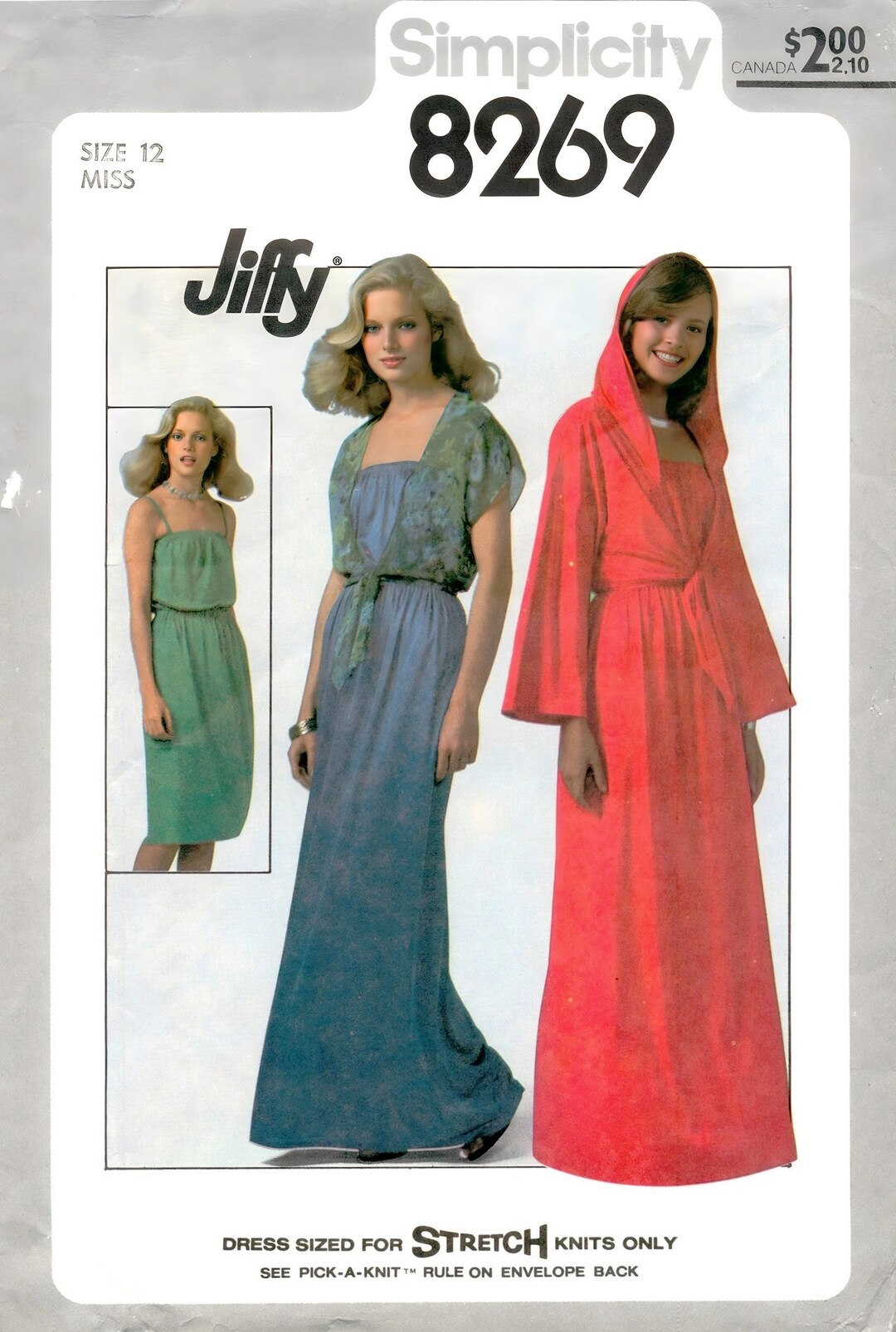 Simplicity 8269 Sewing Pattern Misses Vintage 70s Jiffy Pull on Knit Dress in Two Lengths and ...