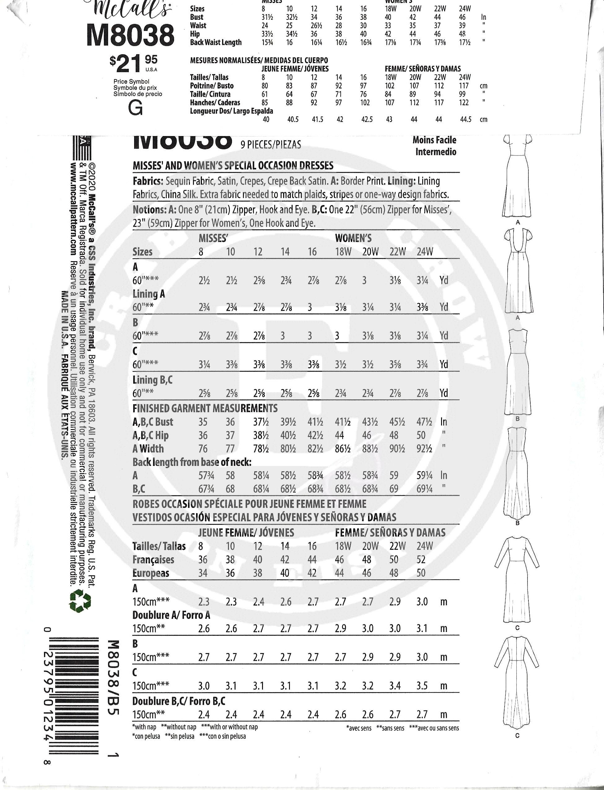 McCalls M8038 Sewing Pattern for Special Occasion Dresses in | Etsy