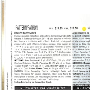 Butterick 3876 Sewing Pattern for Kitchen Accessories Valance Cafe ...