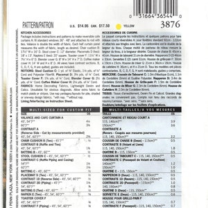 Butterick 3876 Sewing Pattern for Kitchen Accessories Valance Cafe ...