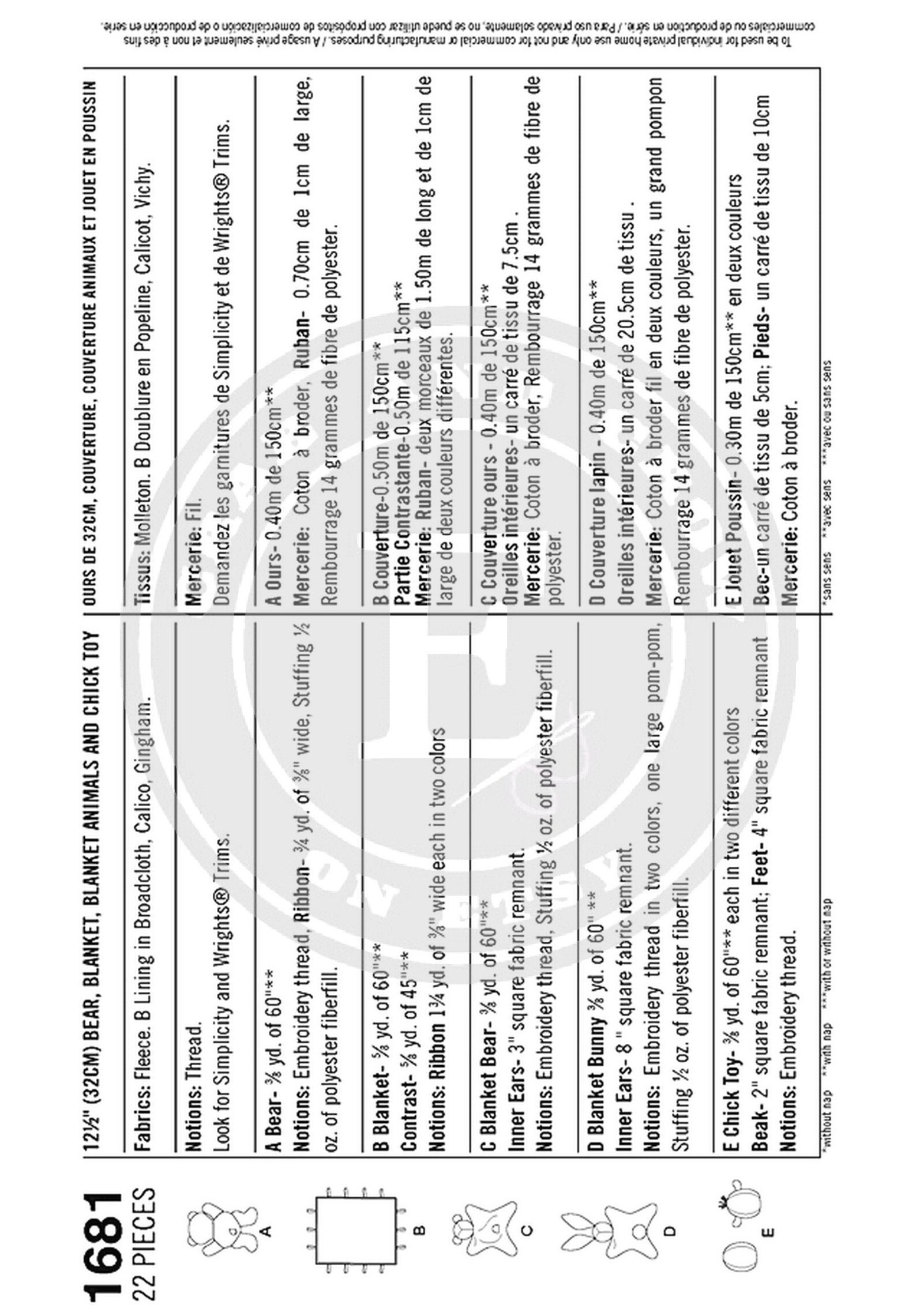 Simplicity 1681 Sewing Pattern for Bear Blanket Animal Blanket Chick ...