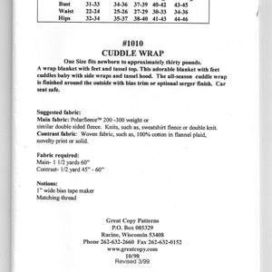 Great Copy Patterns 1010 Sewing Pattern for Infants Cuddle Wrap Sz XS ...