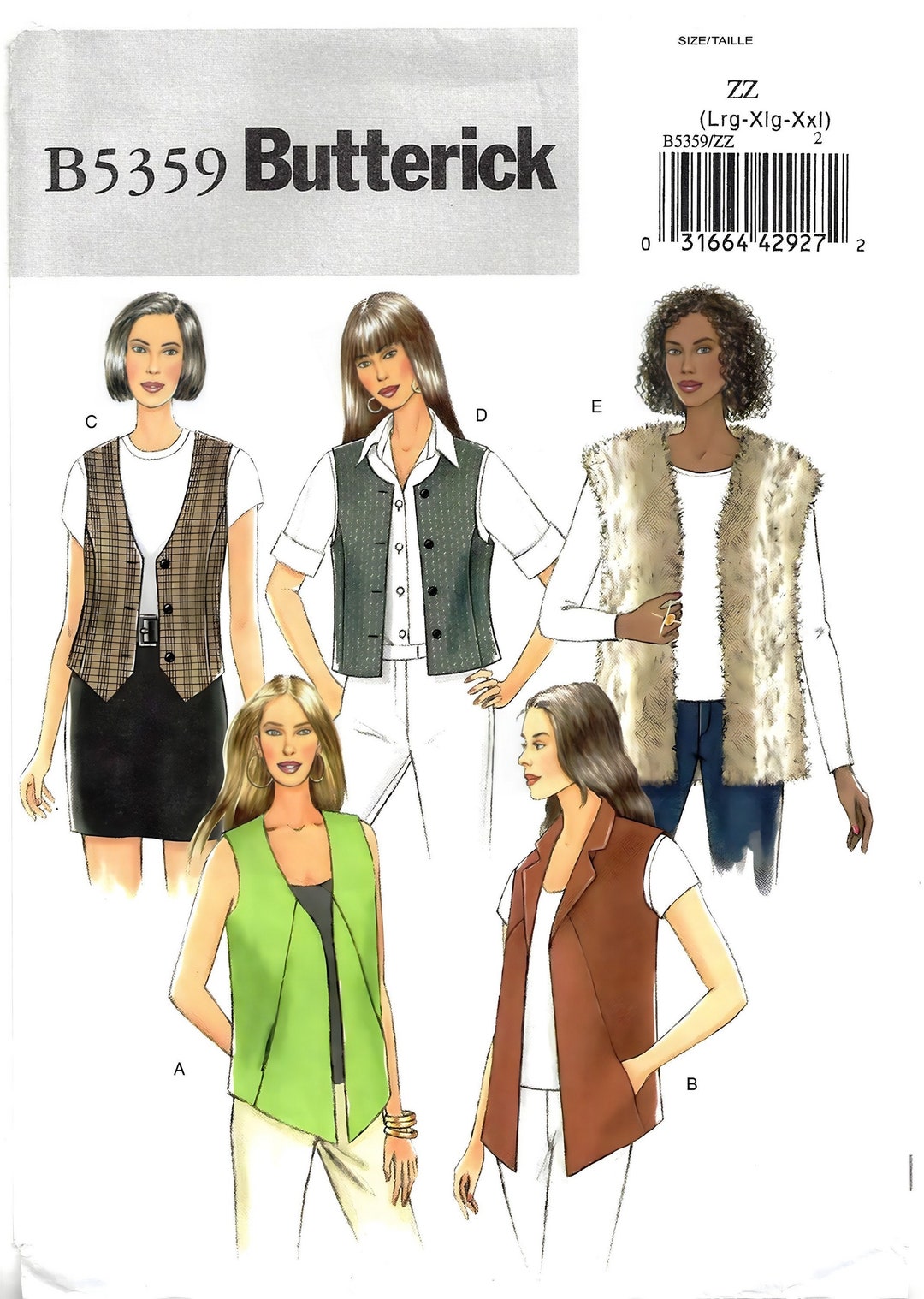 Butterick B5359 Sewing Pattern Misses Easy Lined to Edge Set of Vests ...