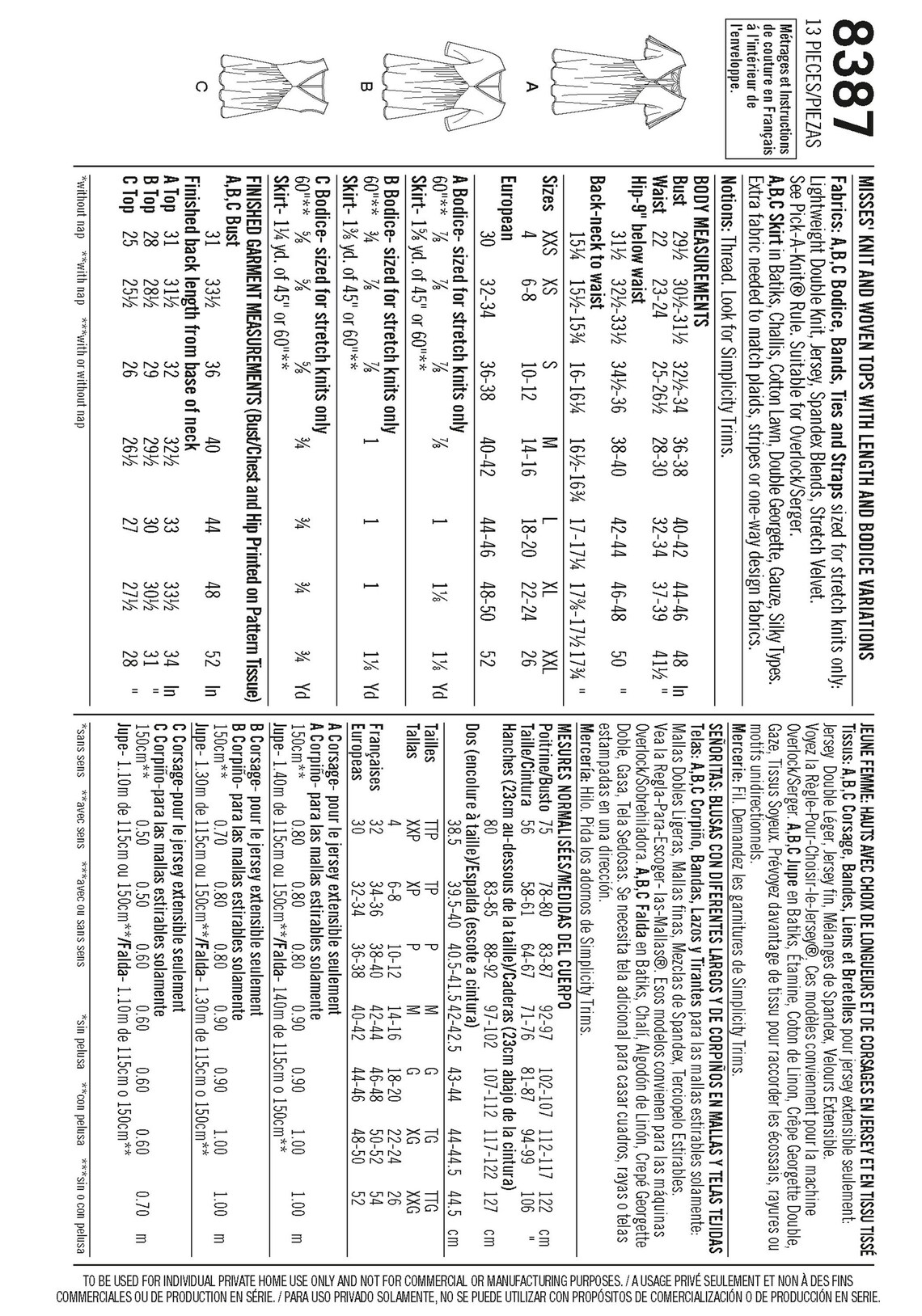 Simplicity 8387 Sewing Pattern Misses Knit & Woven Top-Size sz | Etsy