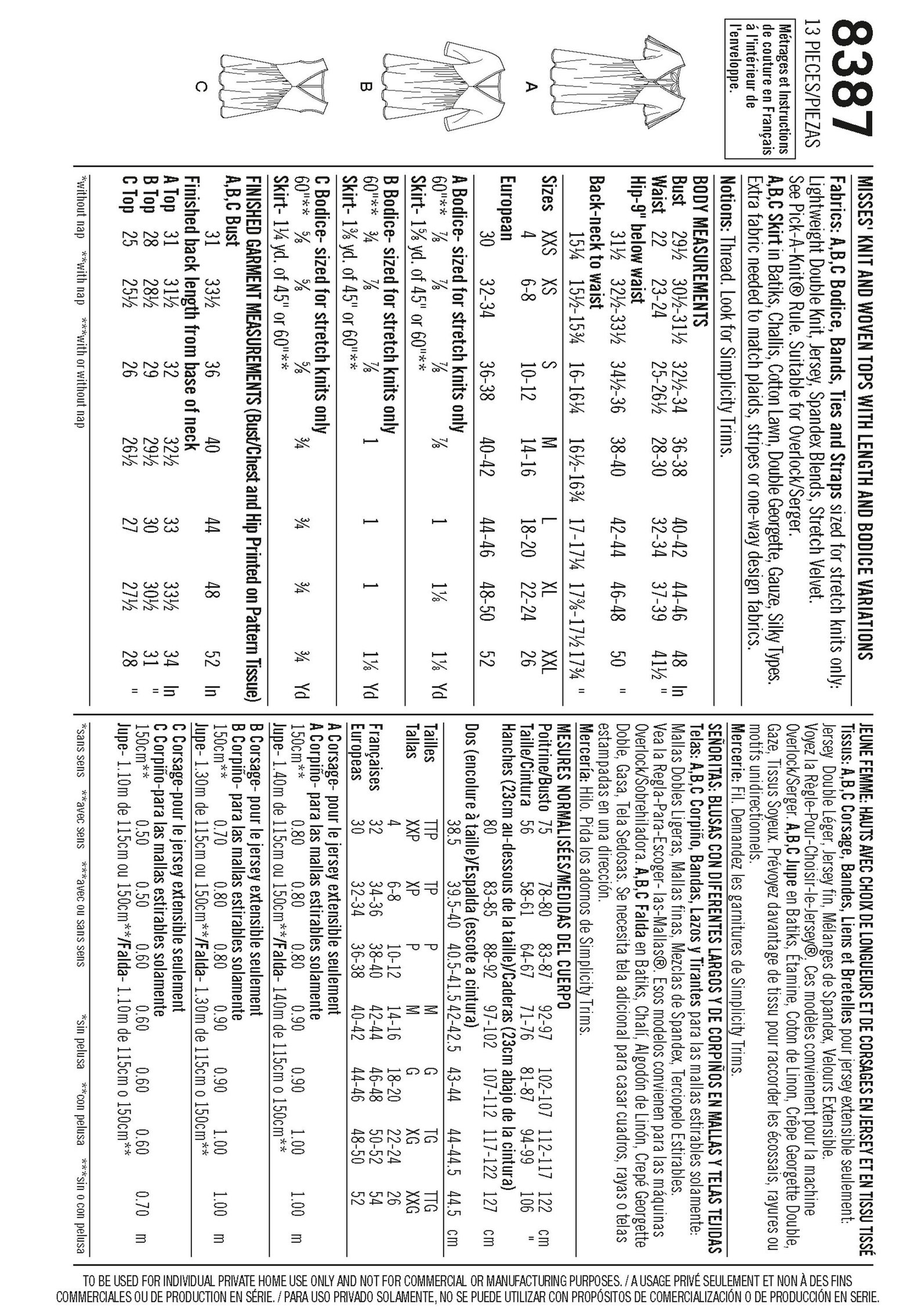 Simplicity 8387 Sewing Pattern Misses Knit & Woven Top-Size sz | Etsy