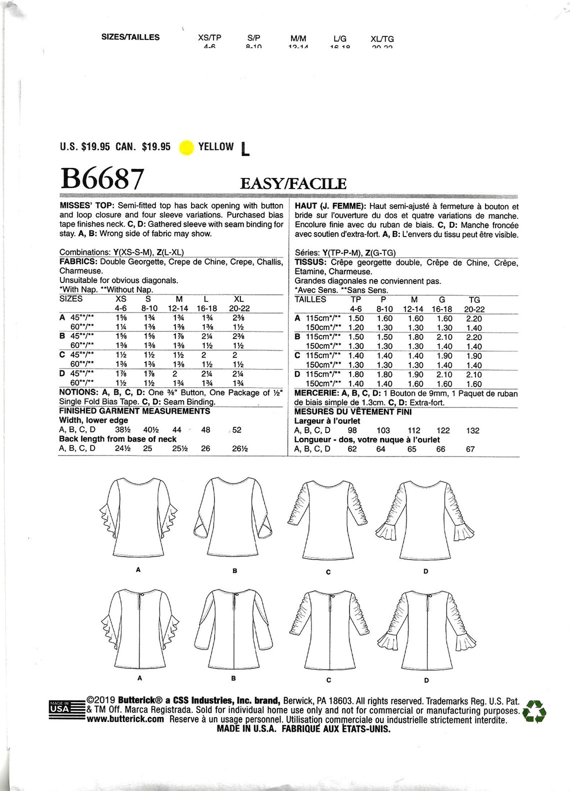Butterick B6687 Sewing Pattern Misses Semi Fitted Top With - Etsy
