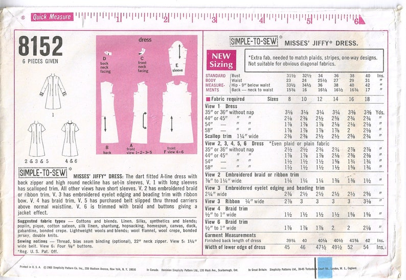 Simplicity 8152 Sewing Pattern Misses Vintage 60s Simple to - Etsy