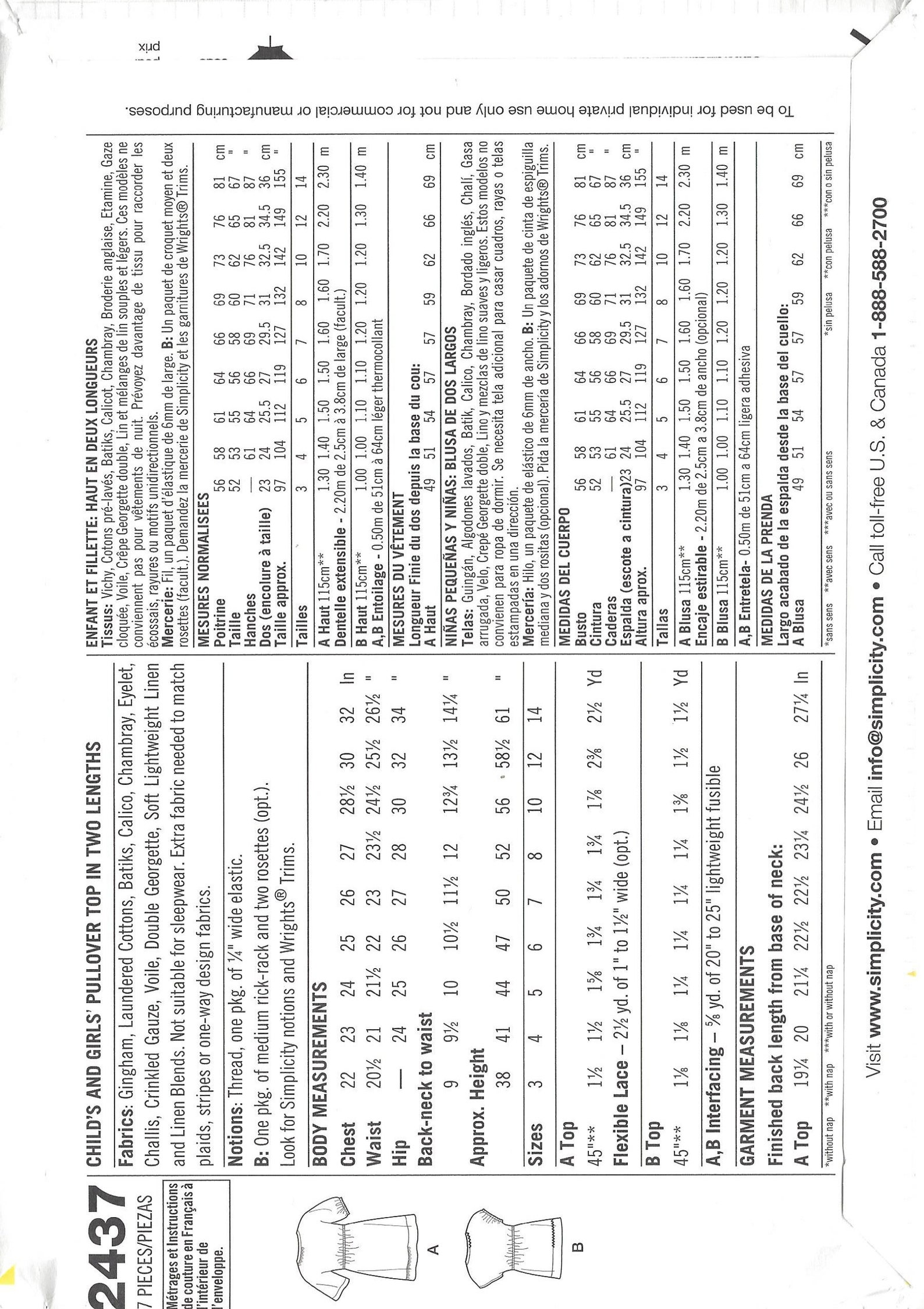 Simplicity 2437 Sewing Pattern for Childs Pullover Top in Two | Etsy