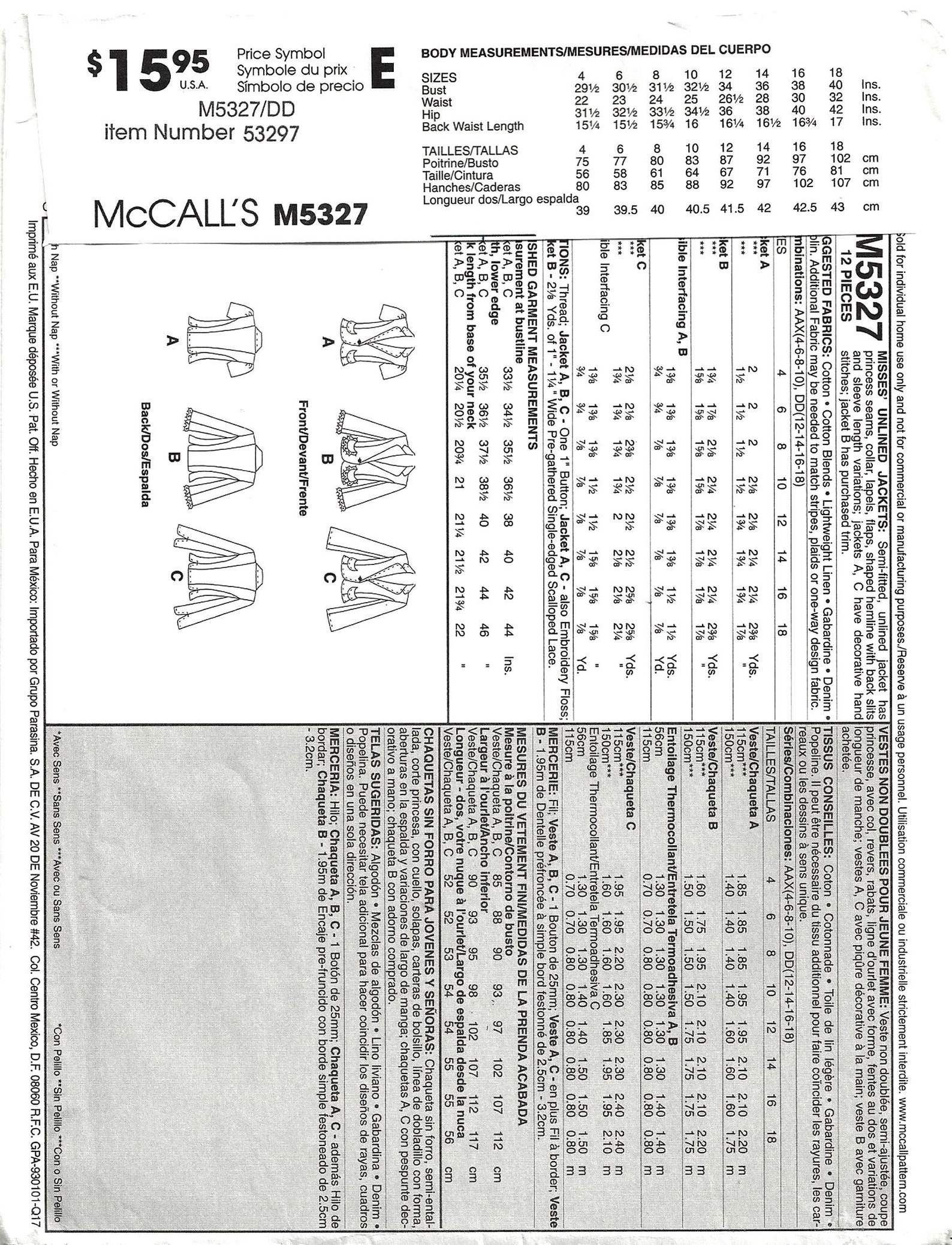 McCalls M5327 Sewing Pattern Misses Unlined Jackets with | Etsy