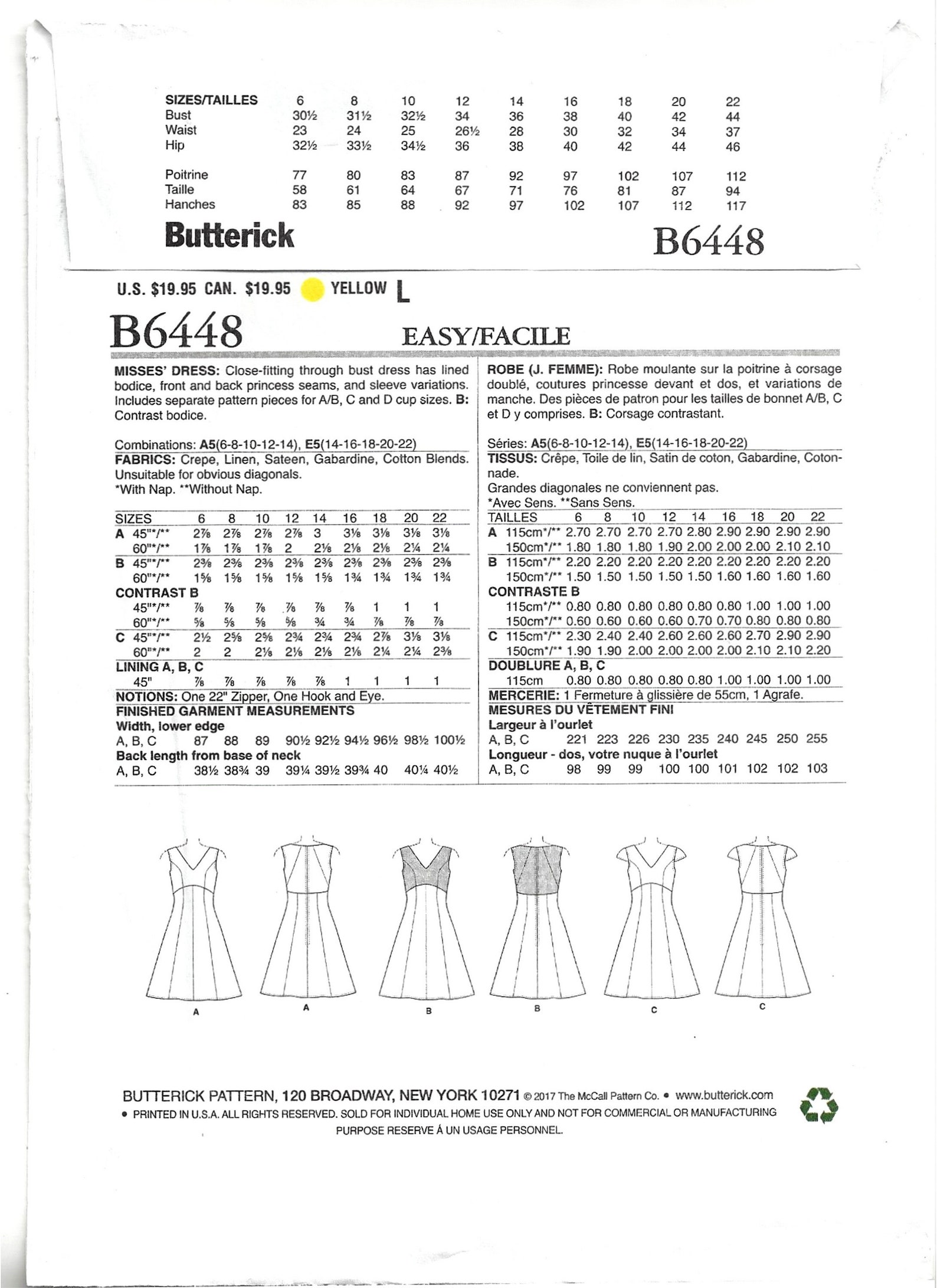 Butterick B6448 Sewing Pattern Misses Fit and Flare Empire Waist ...