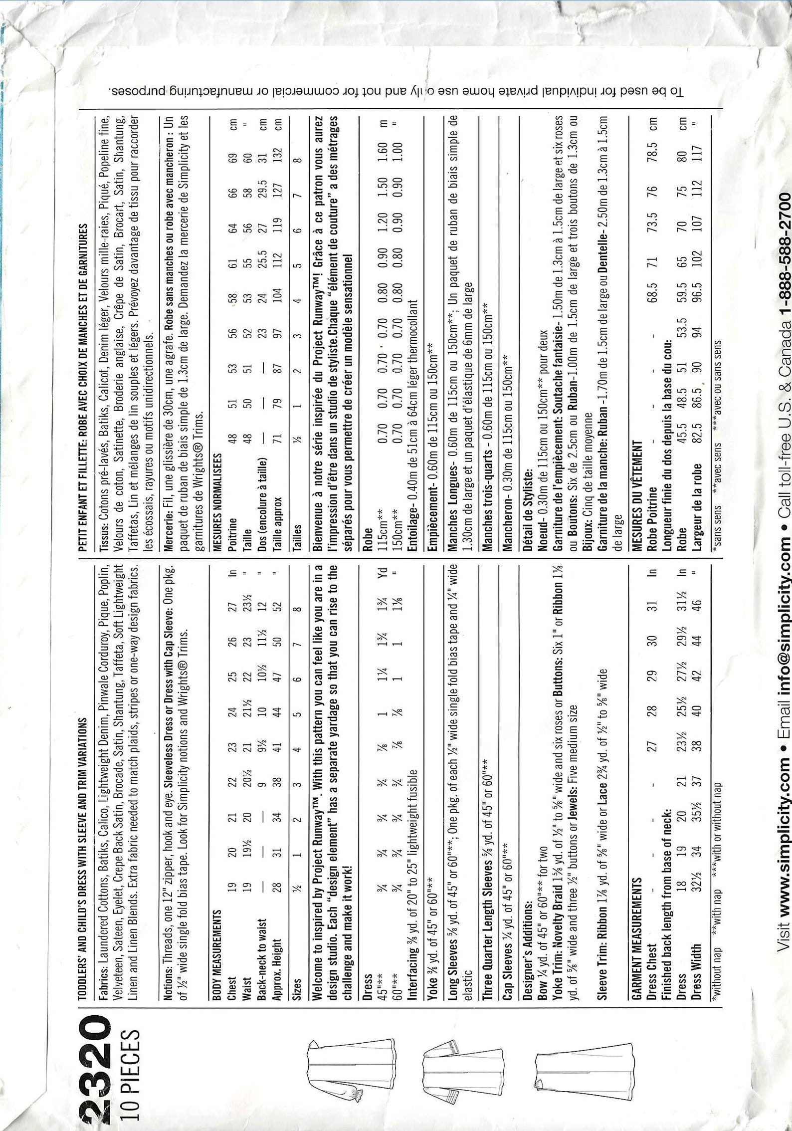 Simplicity 2320 Sewing Pattern Girls Dress With Sleeve and - Etsy