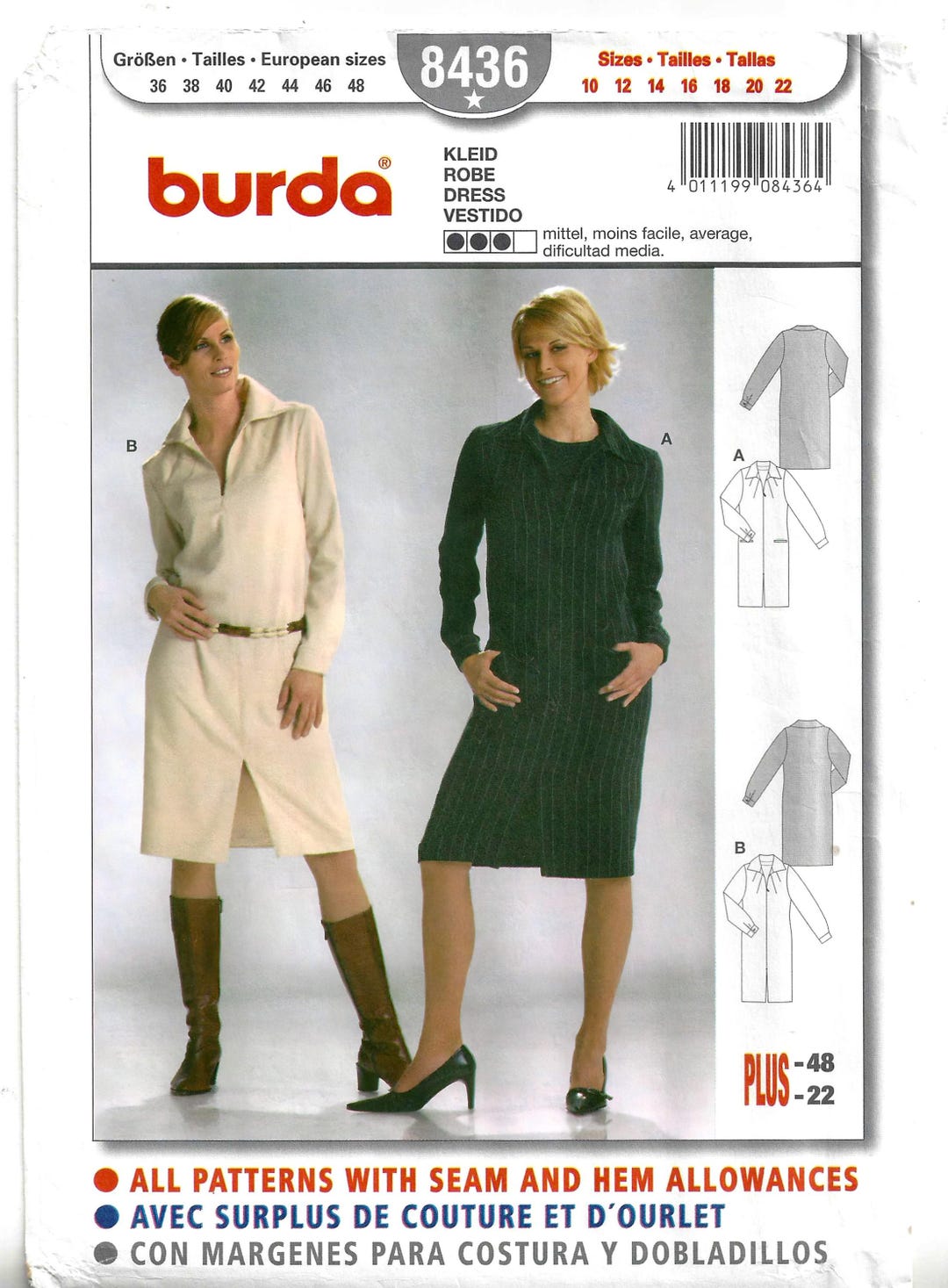 Burda 8436 Sewing Pattern for Misses Long Sleeve Zip Front Dress Sz 10 ...