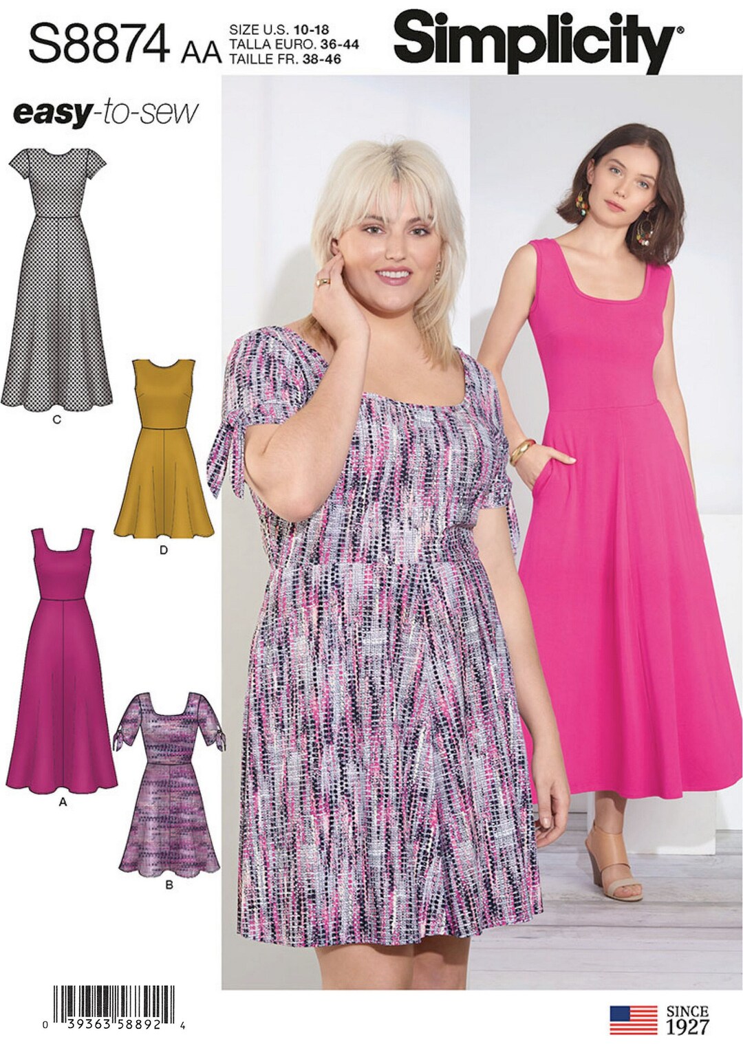 Simplicity S8874 Sewing Pattern Easy to Sew Knit Dress in Two Lengths With Neckline Variations ...