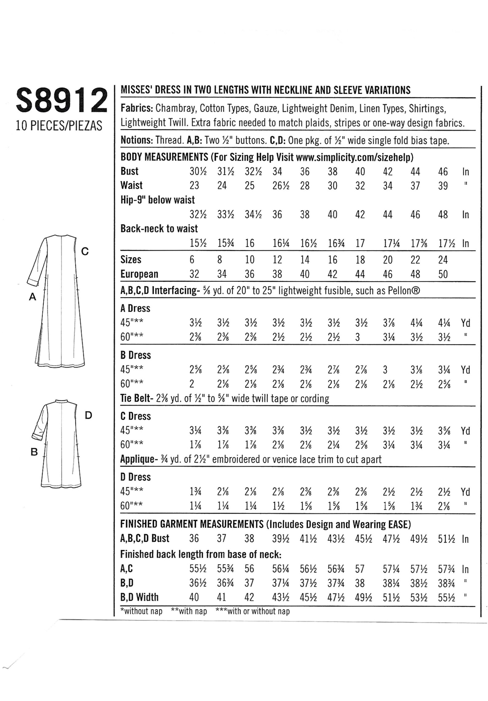 Simplicity S8912 Sewing Pattern Misses Dress in Two Lengths | Etsy
