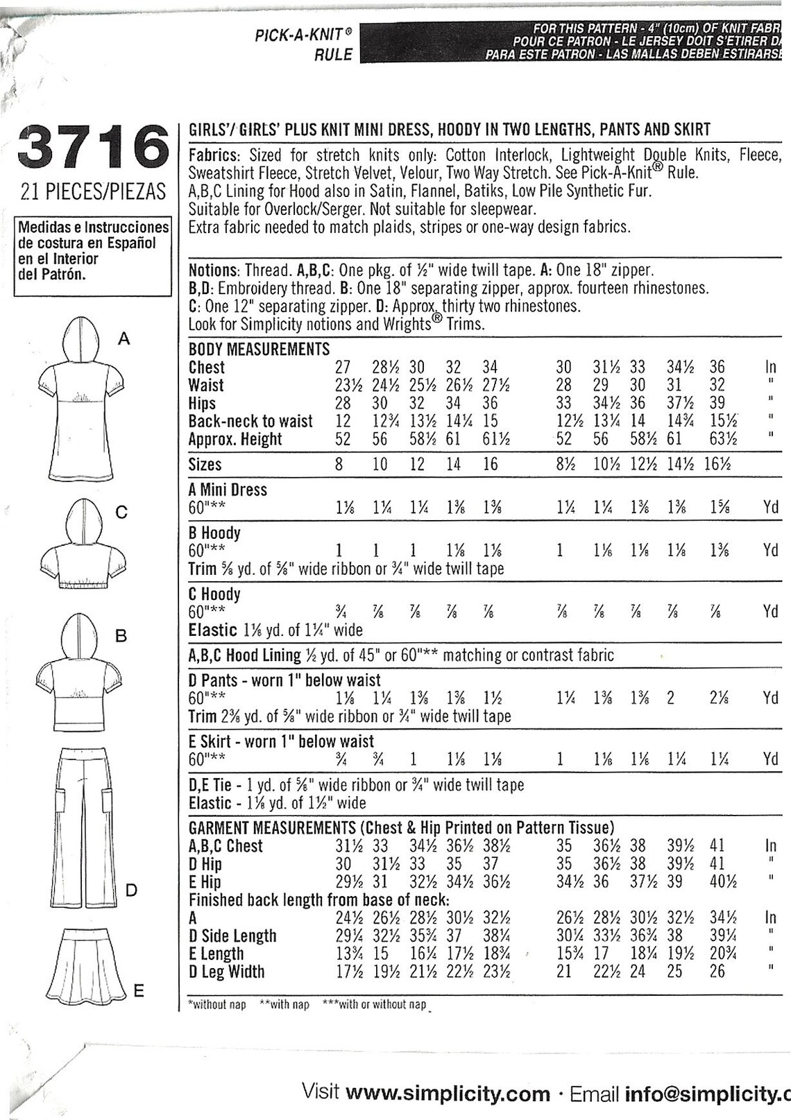 Simplicity 3716 Sewing Pattern for Girls Knit Mini Dress Hoody - Etsy