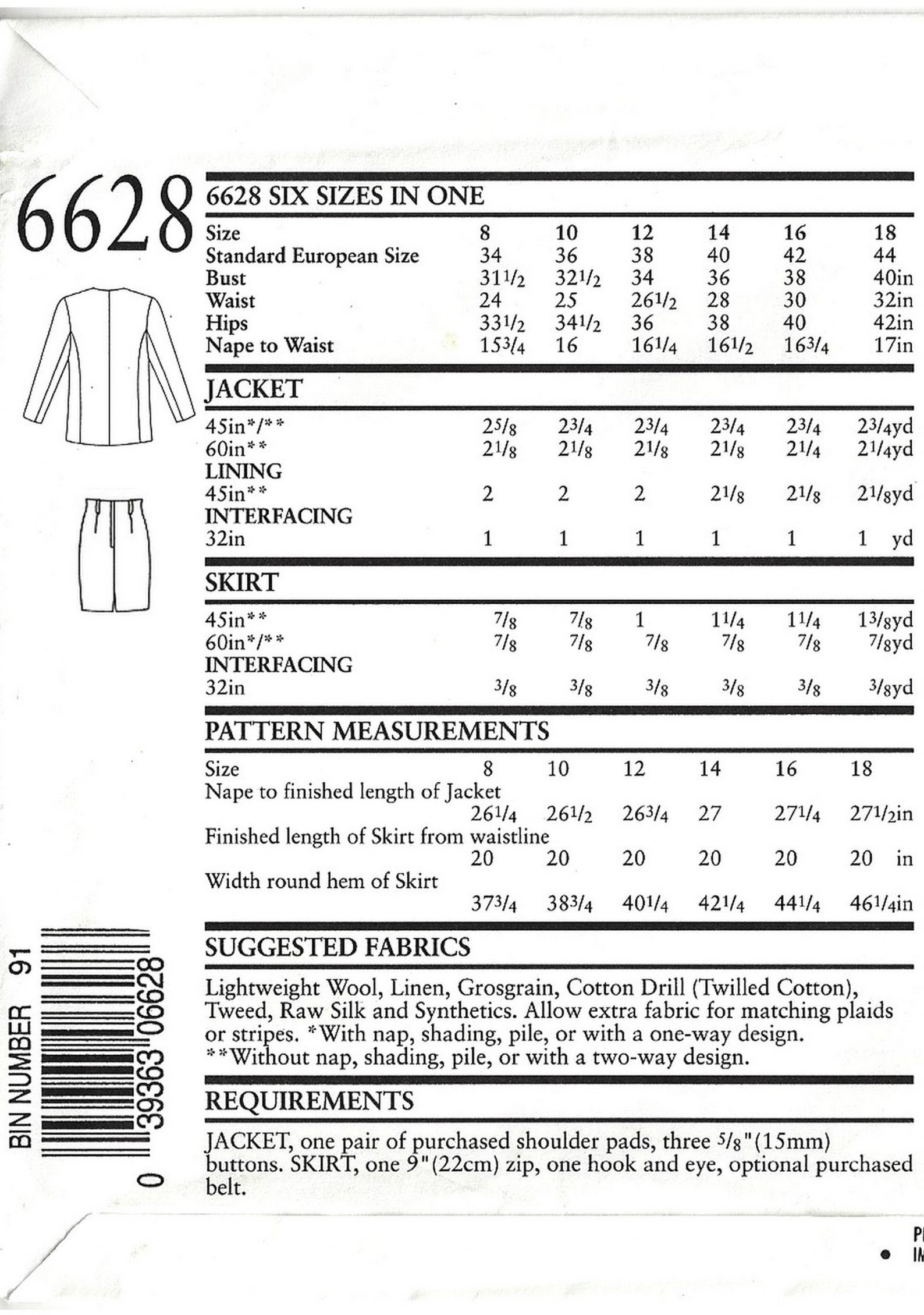 New Look 6628 Sewing Pattern for Misses Collarless Jacket and Contour ...