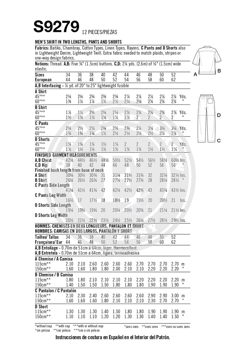 Simplicity S9279 Sewing Pattern for Mens Button Front Shirt in - Etsy