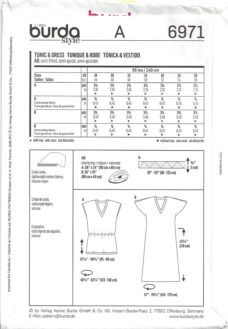 Burda 6971 Sewing Pattern for Misses Vneck Tunic Top and Dress Sz 18-30 ...
