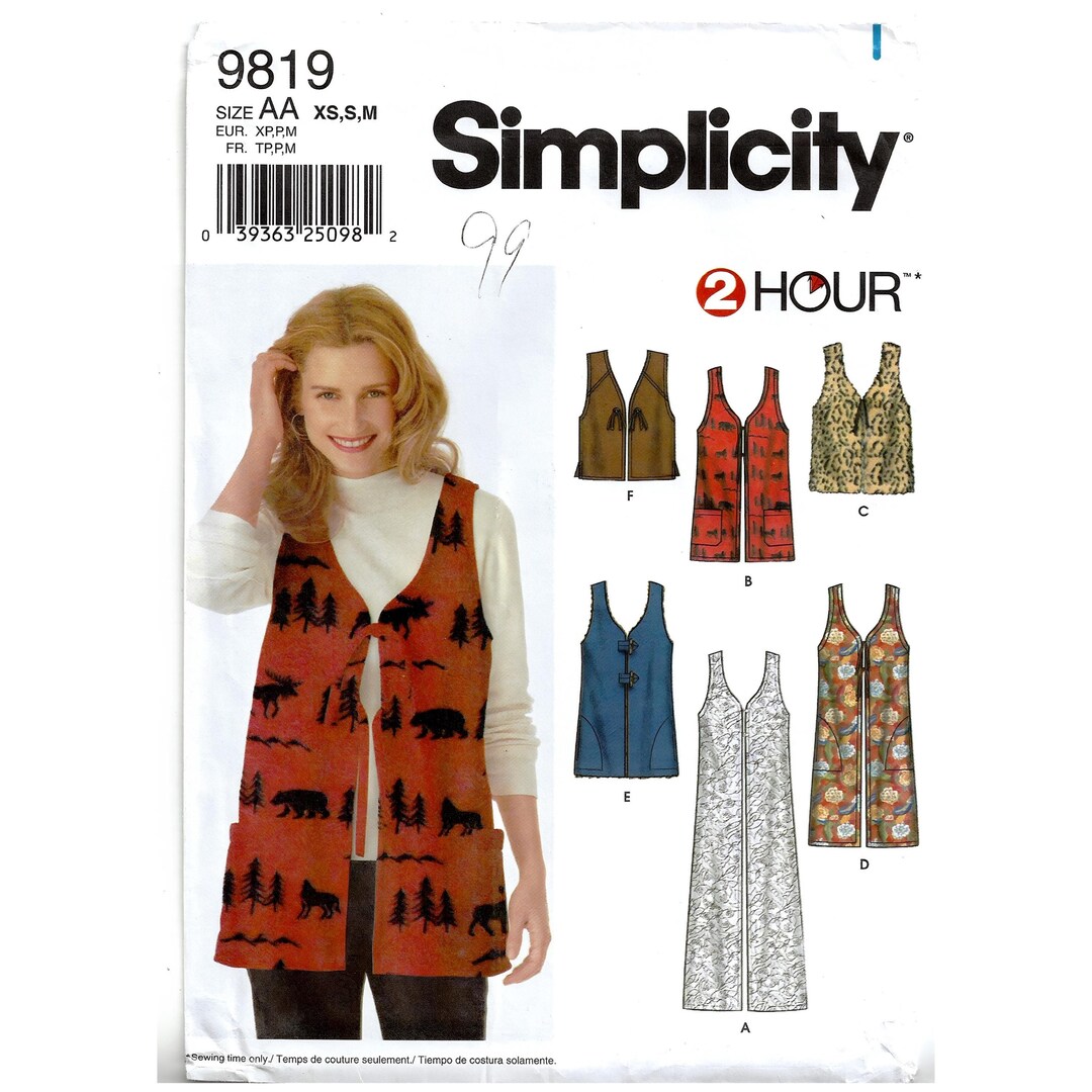 Simplicity 9819 Sewing Pattern Misses Two Hour Lined and Unlined Vests Sz XS-M Uncut - Etsy