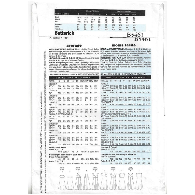 Butterick B5461 Sewing Pattern for Womens Plus Size Lined Empire Waist ...