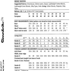 Simplicity S9747 Sewing Pattern Misses Tie Front Dusters in Three ...