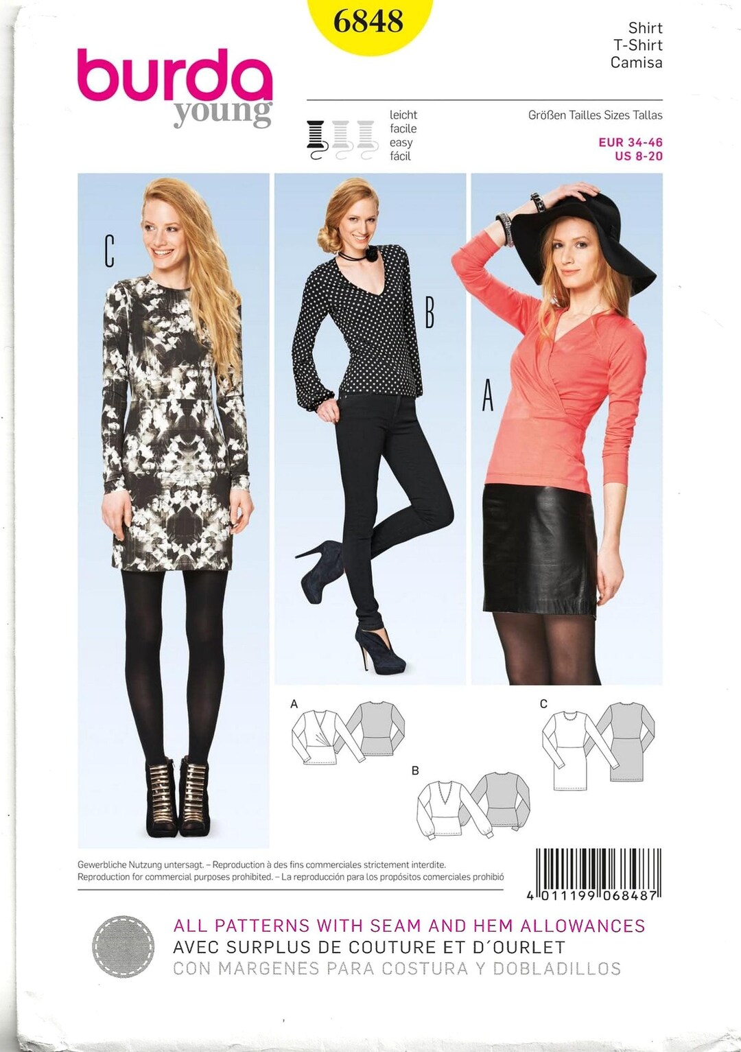 Burda 6848 Sewing Pattern for Misses Knit Mini Dress and Knit Tops Sz 8 ...