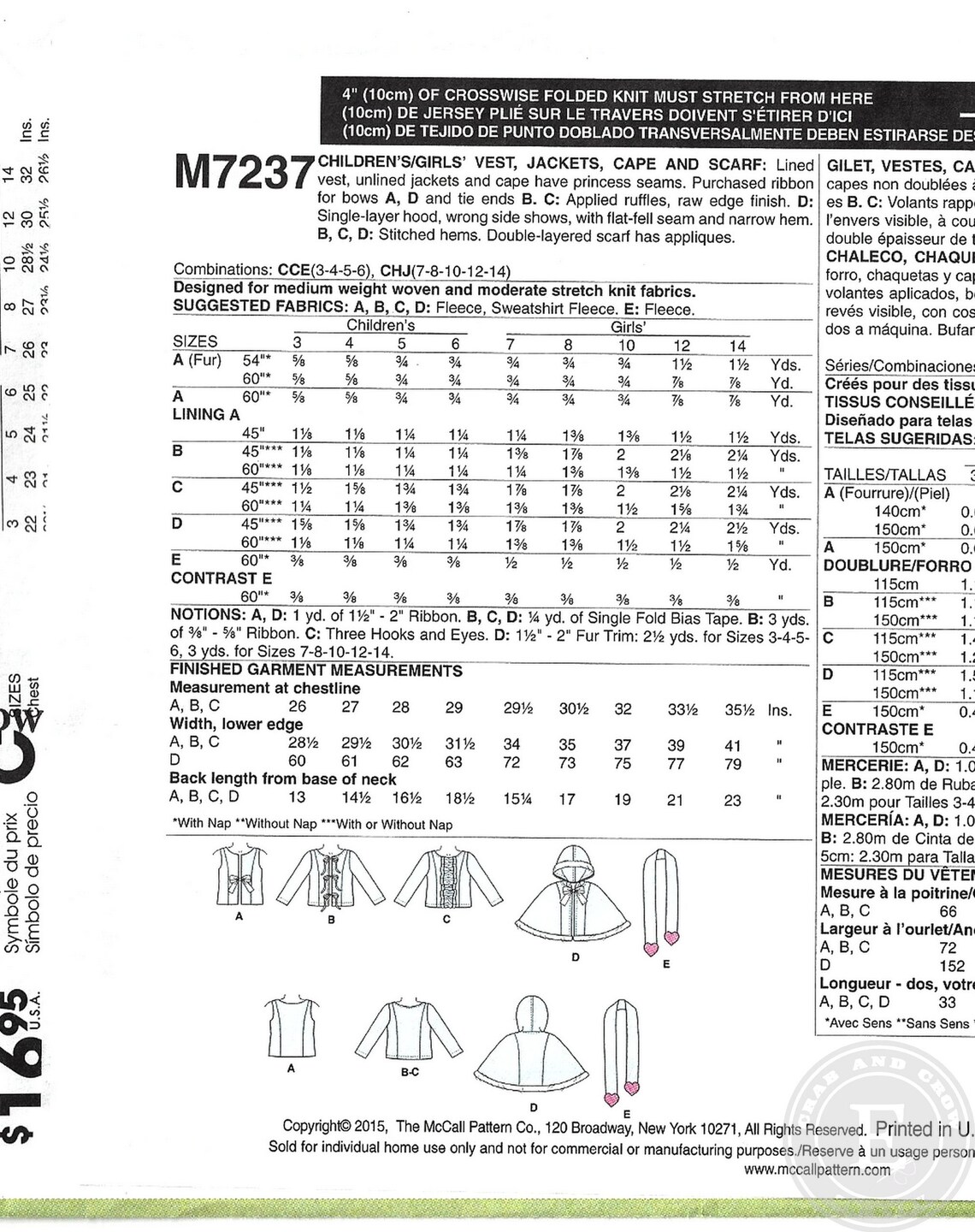 Mccalls M7237 Sewing Pattern Girls Knit Vest Jackets Cape and Scarf Sz ...