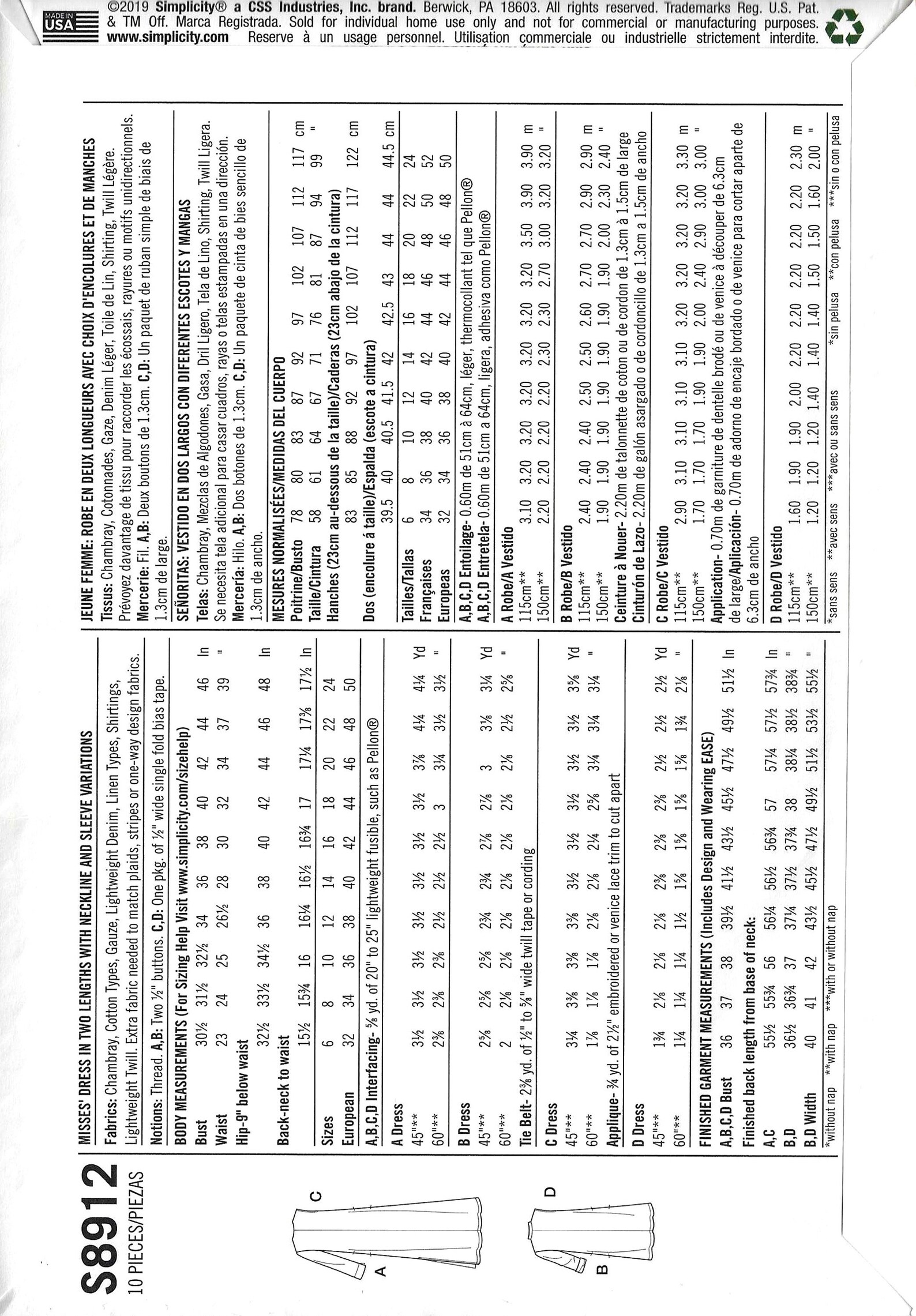 Simplicity S8912 Sewing Pattern Misses Dress in Two Lengths | Etsy