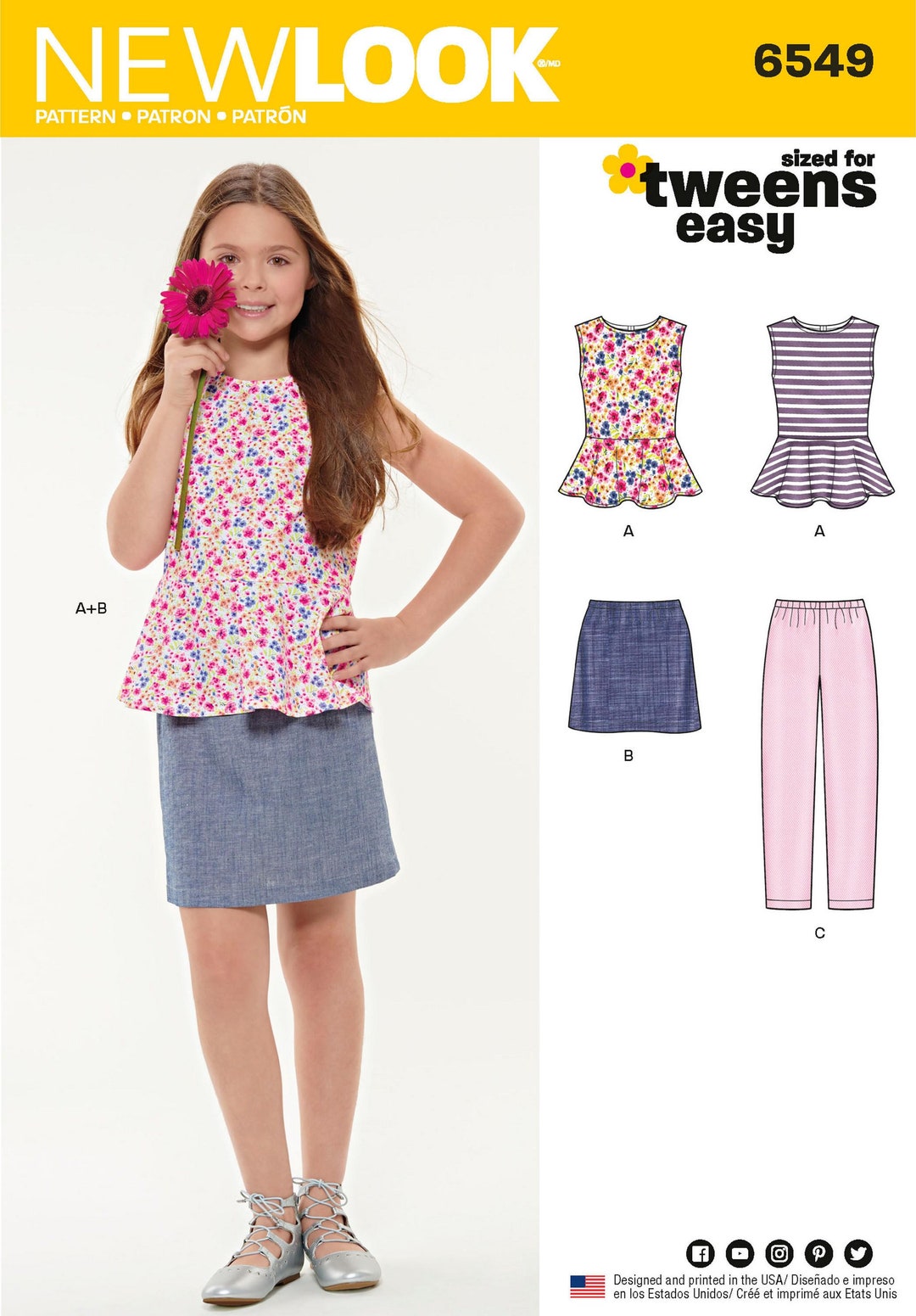New Look 6549 Sewing Pattern for Girls Easy Top Skirt and Pants Tweens ...