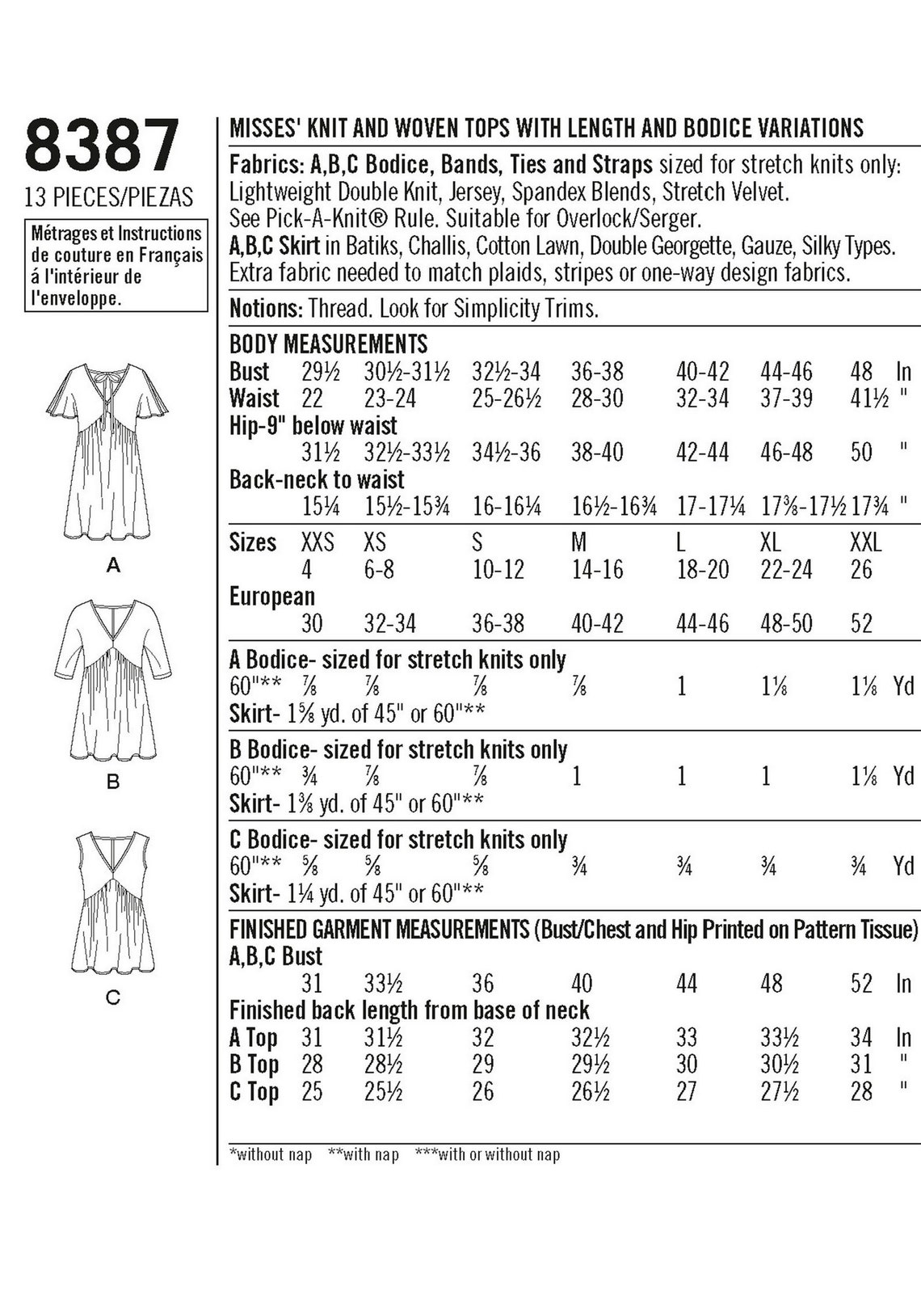 Simplicity 8387 Sewing Pattern Misses Knit & Woven Top-size Sz - Etsy