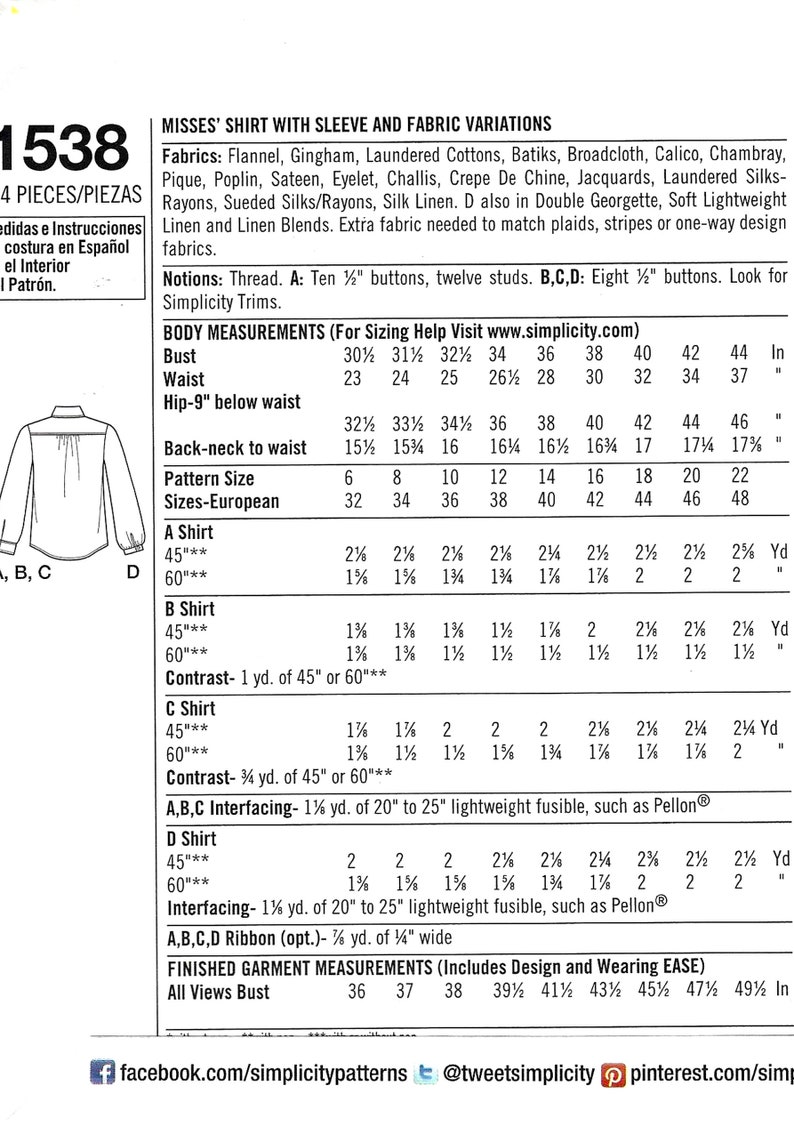 Simplicity 1538 Sewing Pattern Misses Shirt With Sleeve and - Etsy