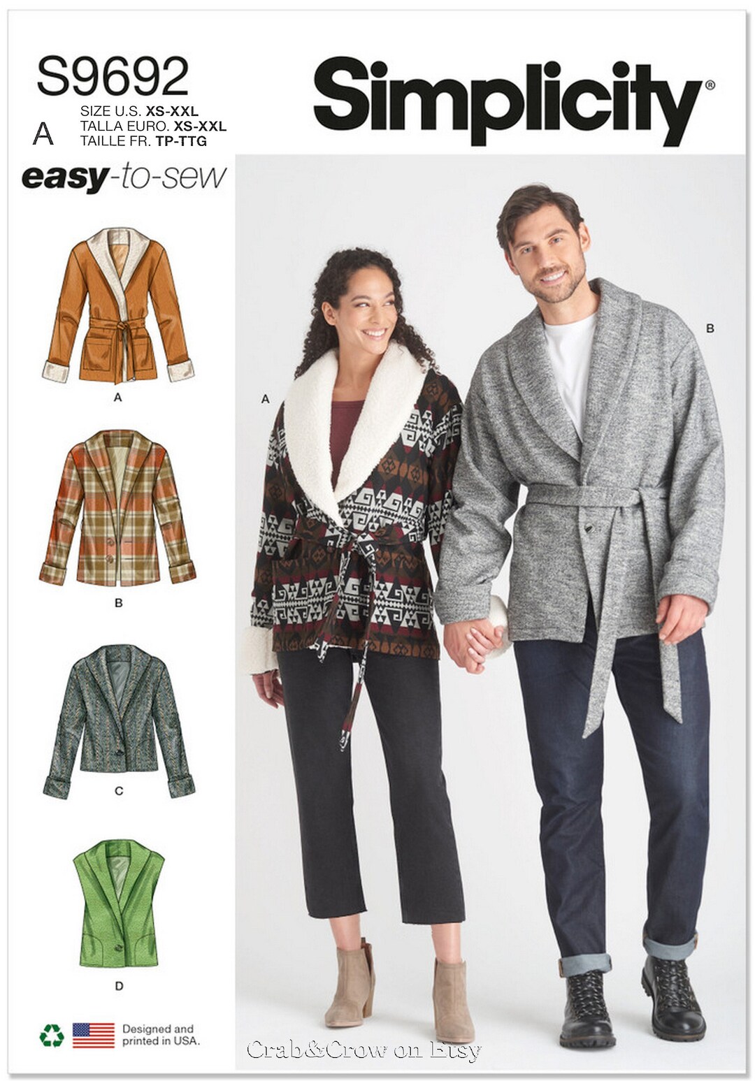 Simplicity S9692 Sewing Pattern for Misses Mens Unisex Easy to Sew ...