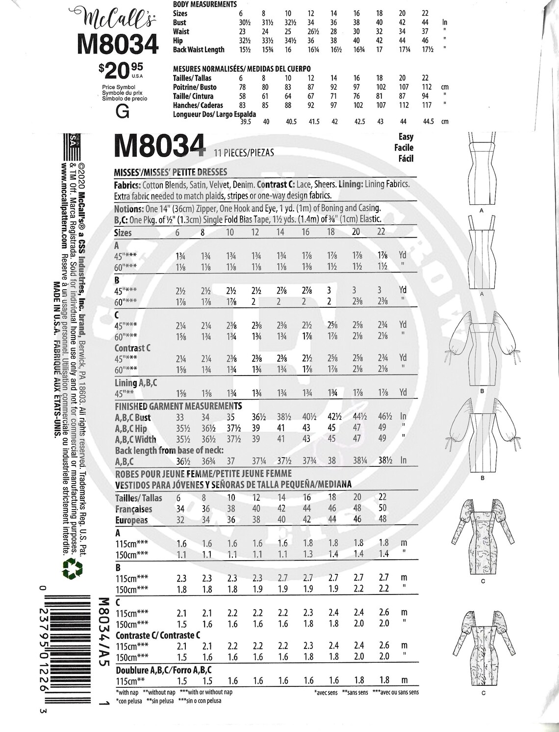 McCalls M8034 Sewing Pattern Misses Square Neckline Dress Long | Etsy