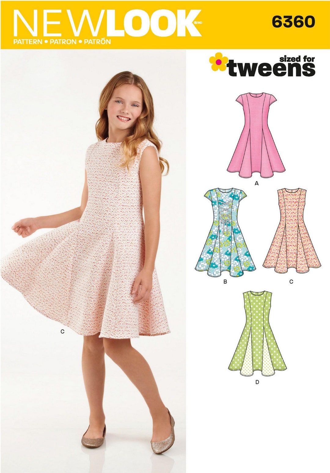 New Look 6360 Sewing Pattern for Girls Godet Dresses With Sleeve and ...