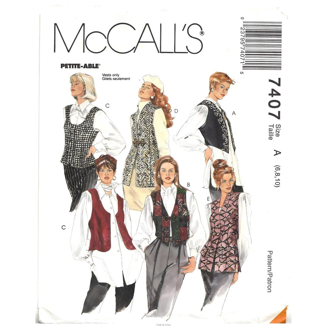 Mccalls 7407 Sewing Pattern Misses Vintage 90s Set of Lined Vests Sz 6 ...