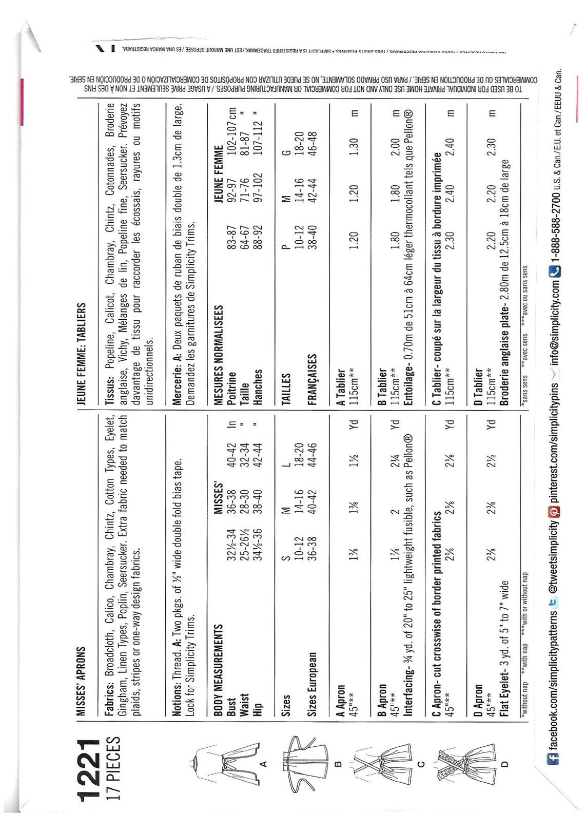 Simplicity 1221 Sewing Pattern Misses Vintage 1940s Reproduction Aprons ...
