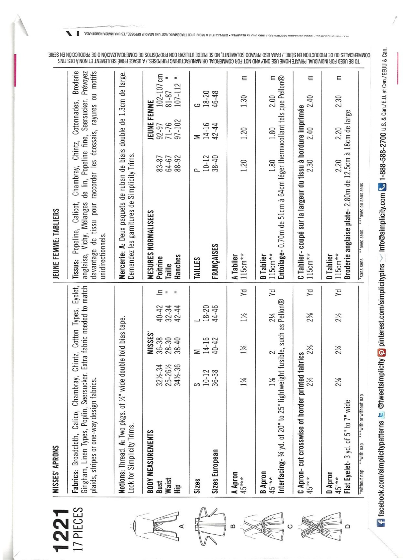 Simplicity 1221 Sewing Pattern Misses Vintage 1940s Reproduction Aprons ...
