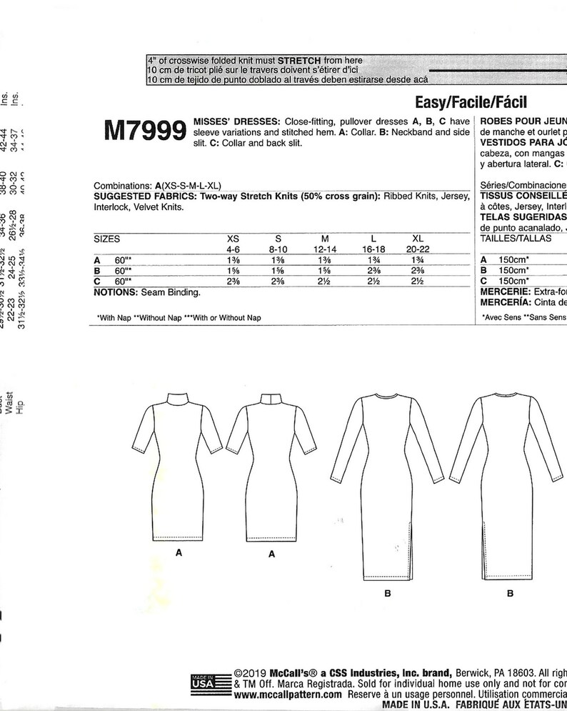 Mccalls M7999 Sewing Pattern for Misses Easy Close Fitting - Etsy