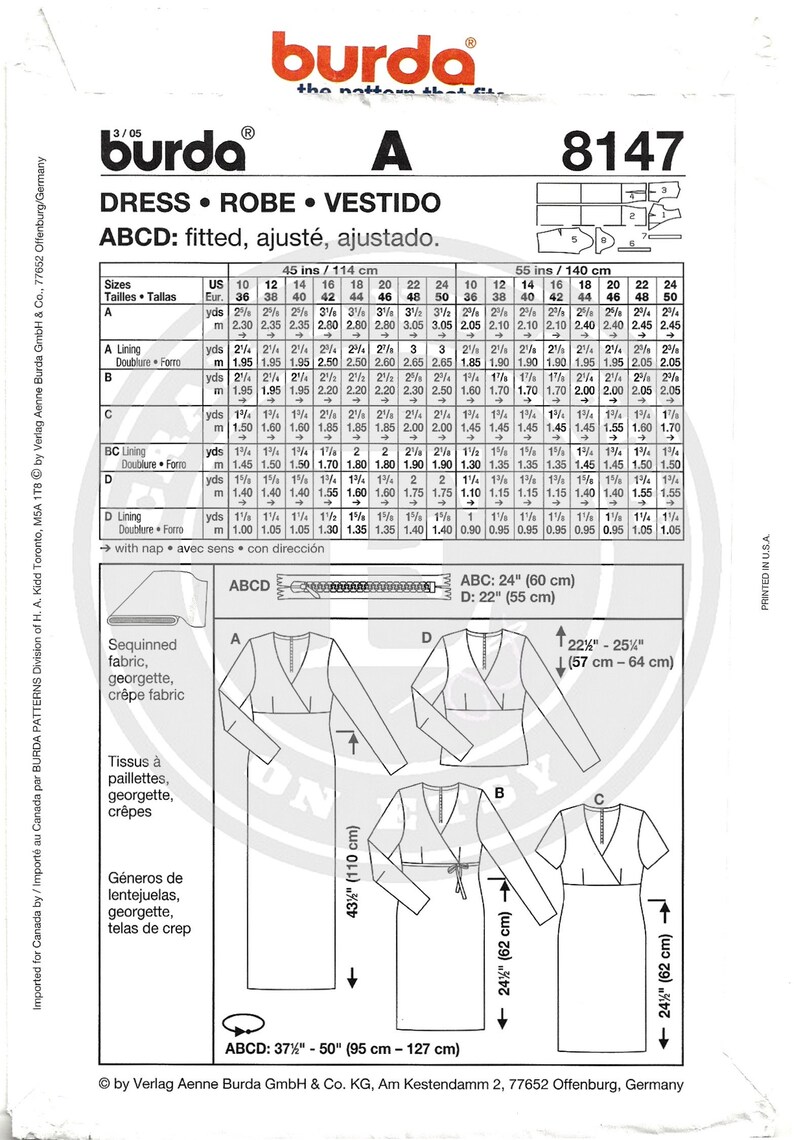 Burda 8147 Sewing Pattern for Misses Surplice Bodice Dress or - Etsy