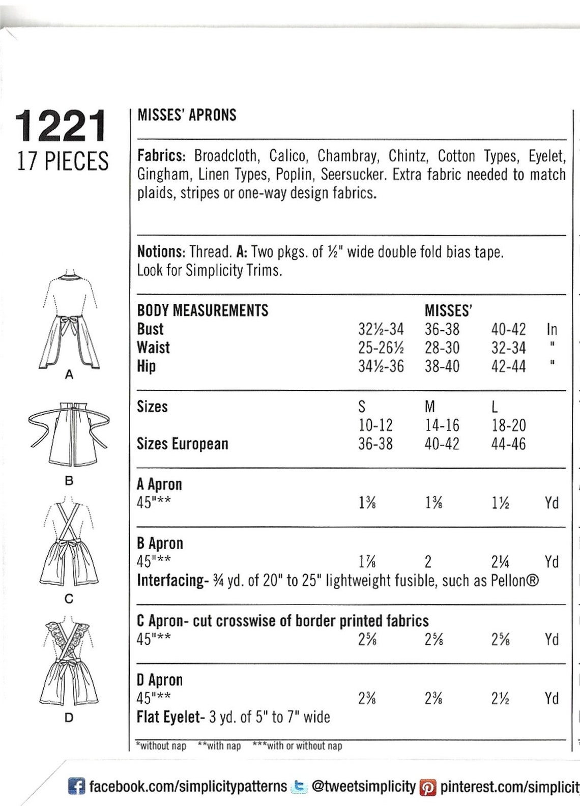 Simplicity 1221 Sewing Pattern Misses Vintage 1940s Reproduction Aprons ...