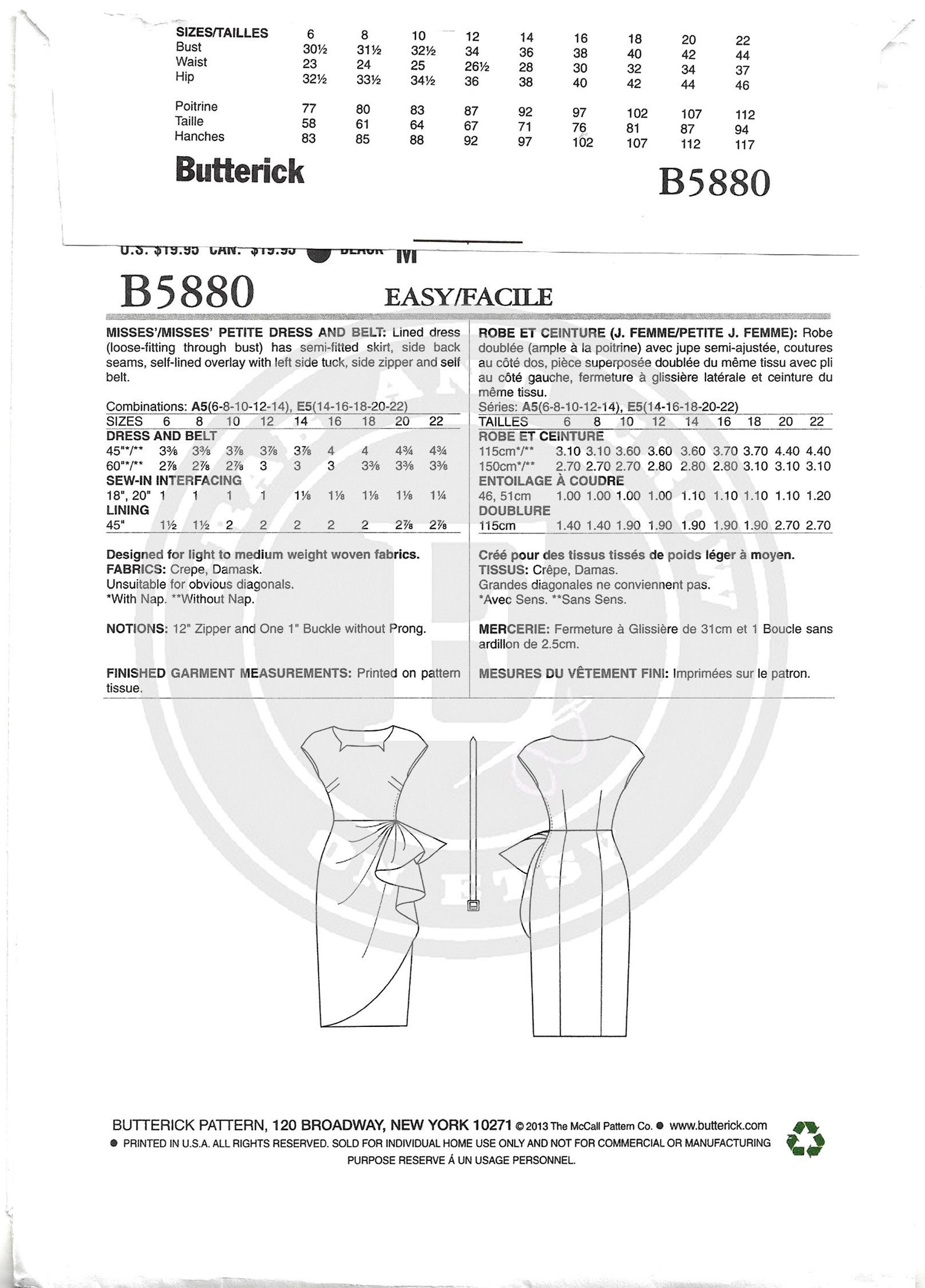 Butterick B5880 Sewing Pattern Misses Retro '51 Notched | Etsy