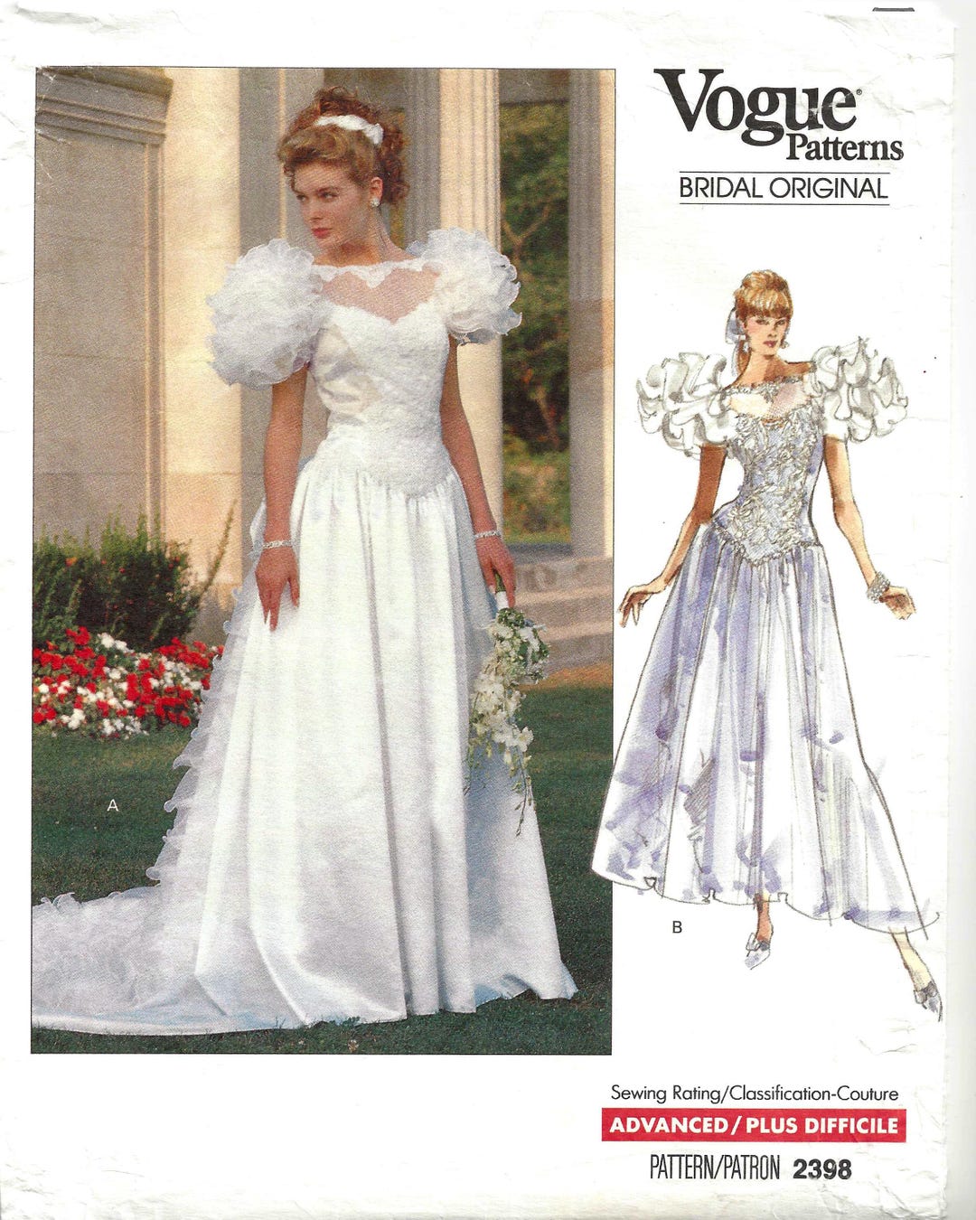 Vogue 2398 Sewing Pattern Misses Vintage 80s Ruffle Sleeve Bridal Dress ...