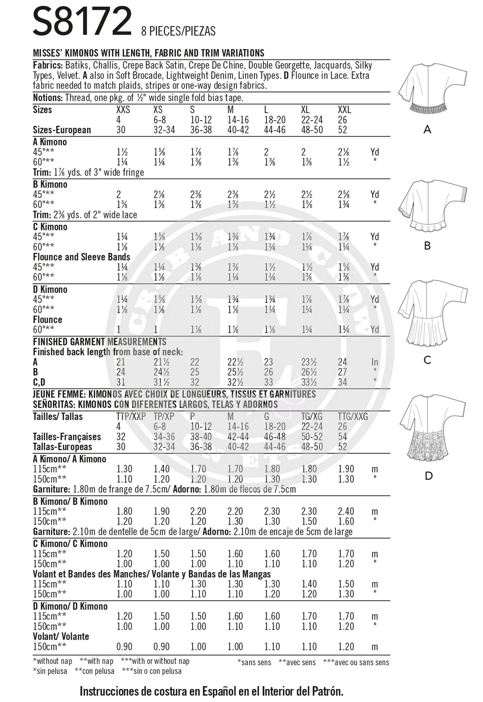 Simplicity S8172 Sewing Pattern Misses Fashion Kimonos With - Etsy