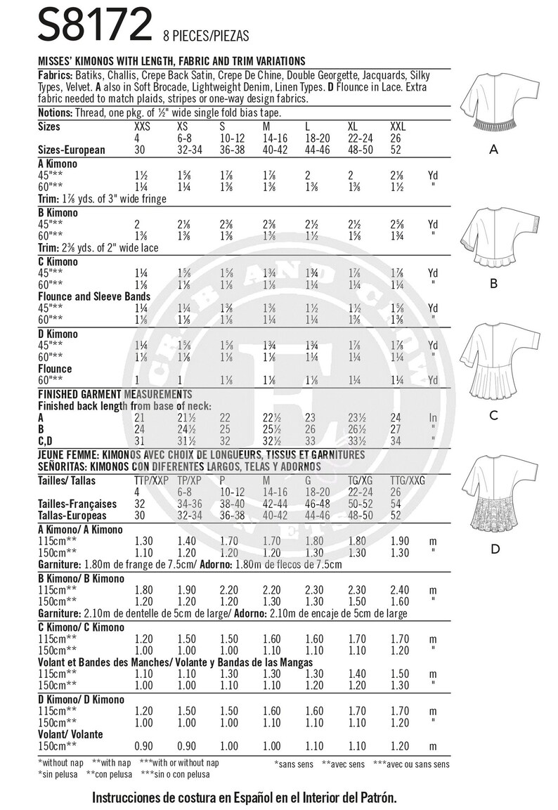 Simplicity S8172 Sewing Pattern Misses Fashion Kimonos With - Etsy