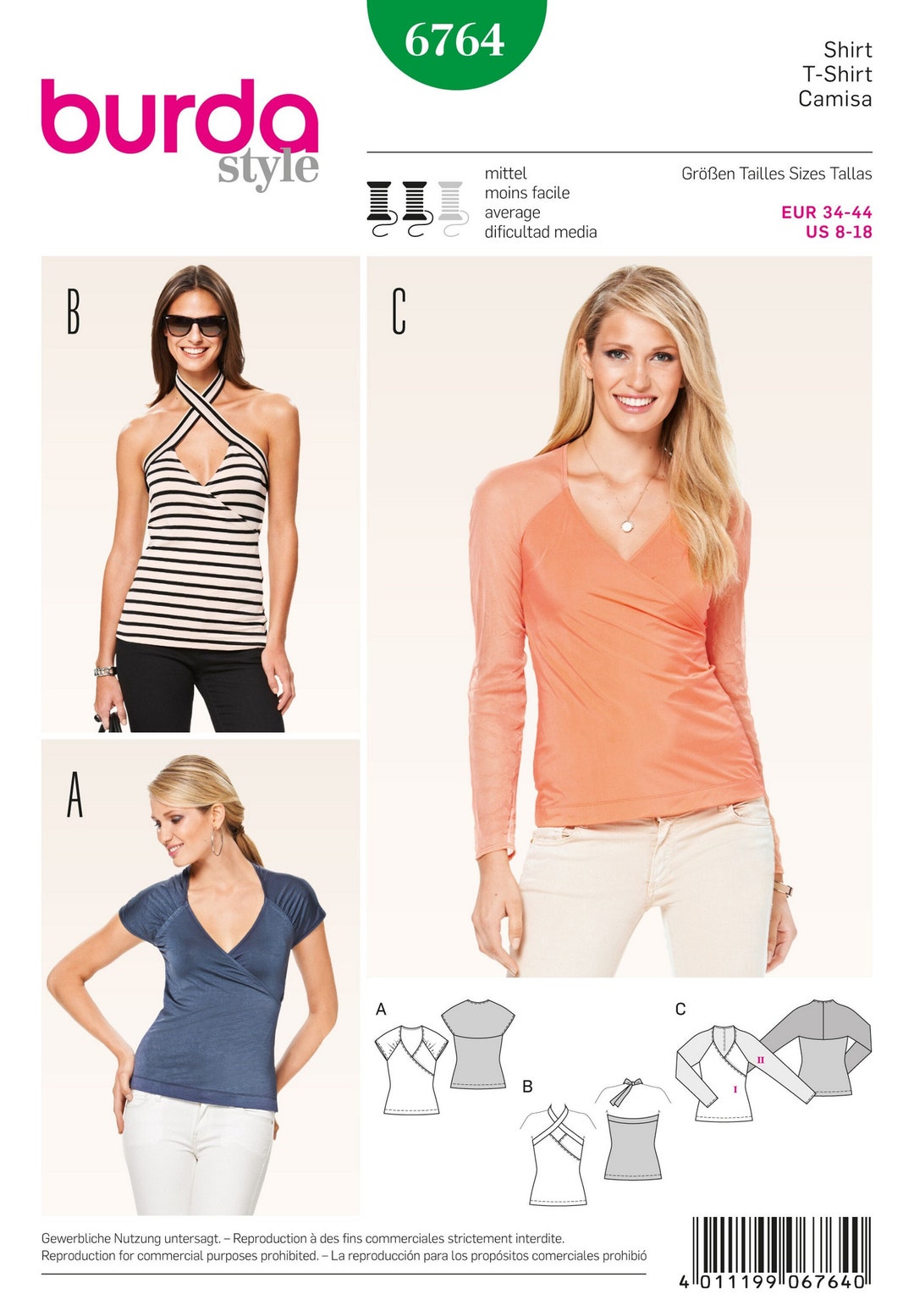 Burda 6764 Sewing Pattern for Misses Set of Surplice Knit Tops With ...