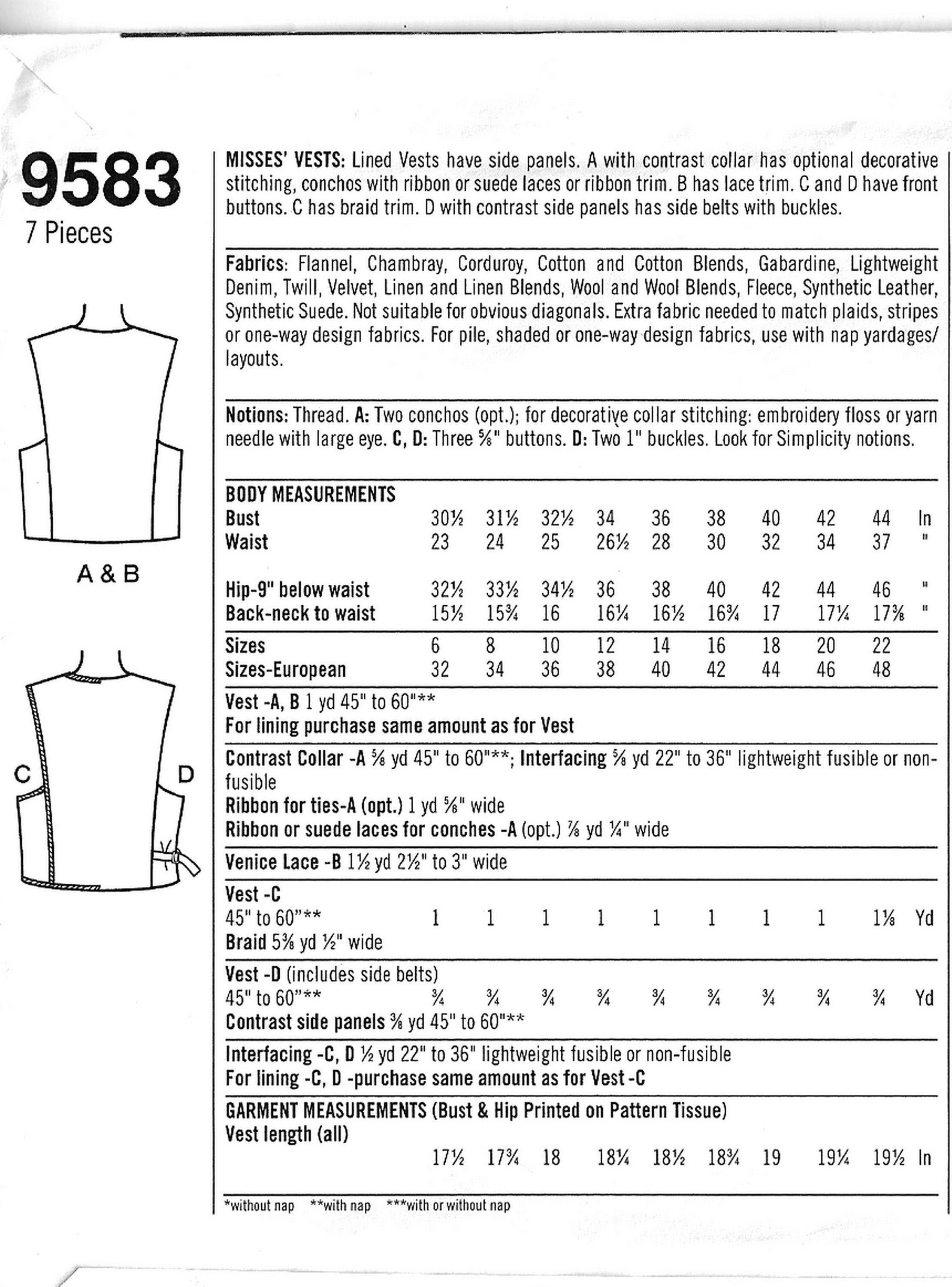 Simplicity 9583 Sewing Pattern Misses Vintage 90s Set of Lined Vests Sz ...
