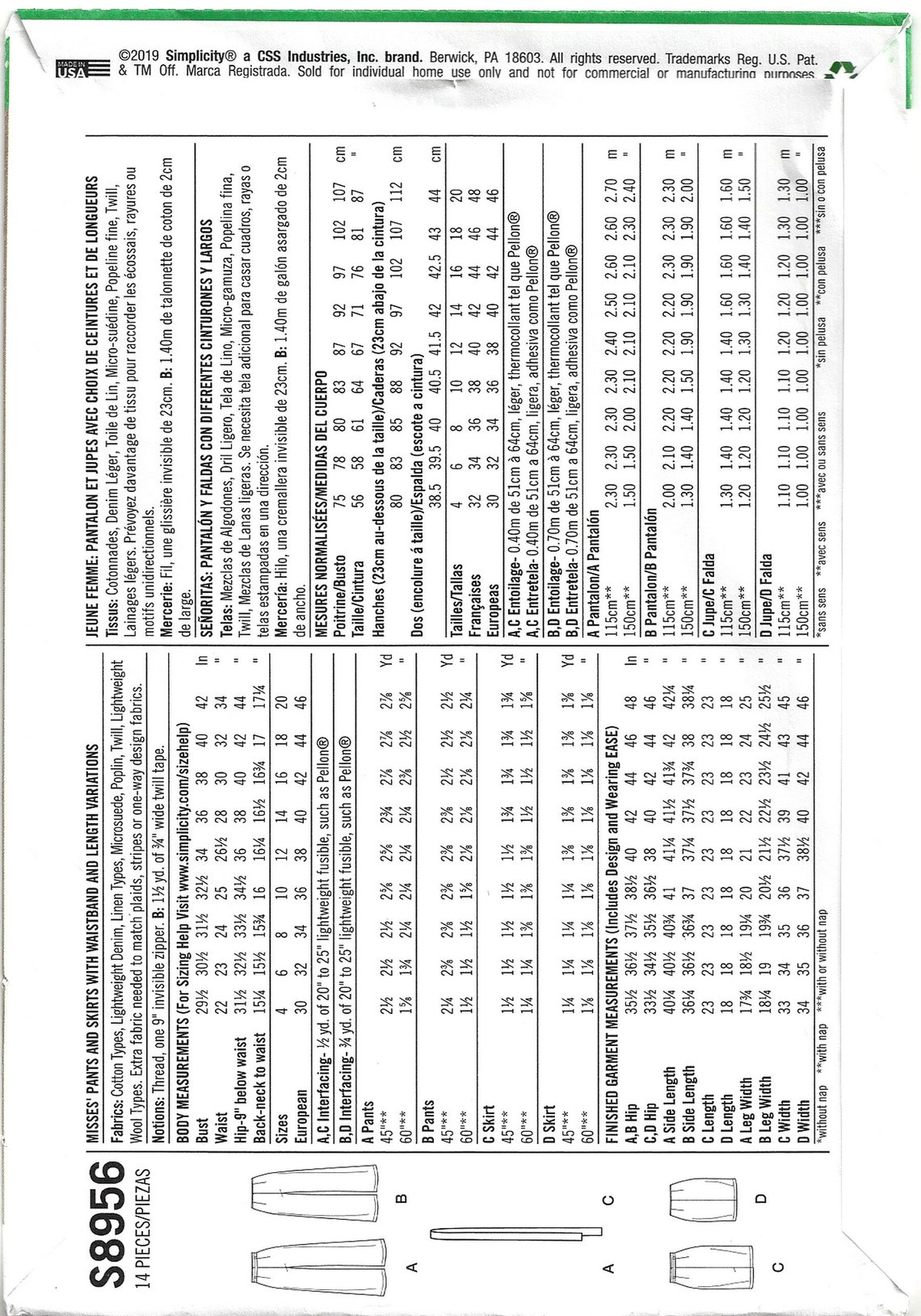 Simplicity S8956 Sewing Pattern Misses Pants and Skirts with | Etsy