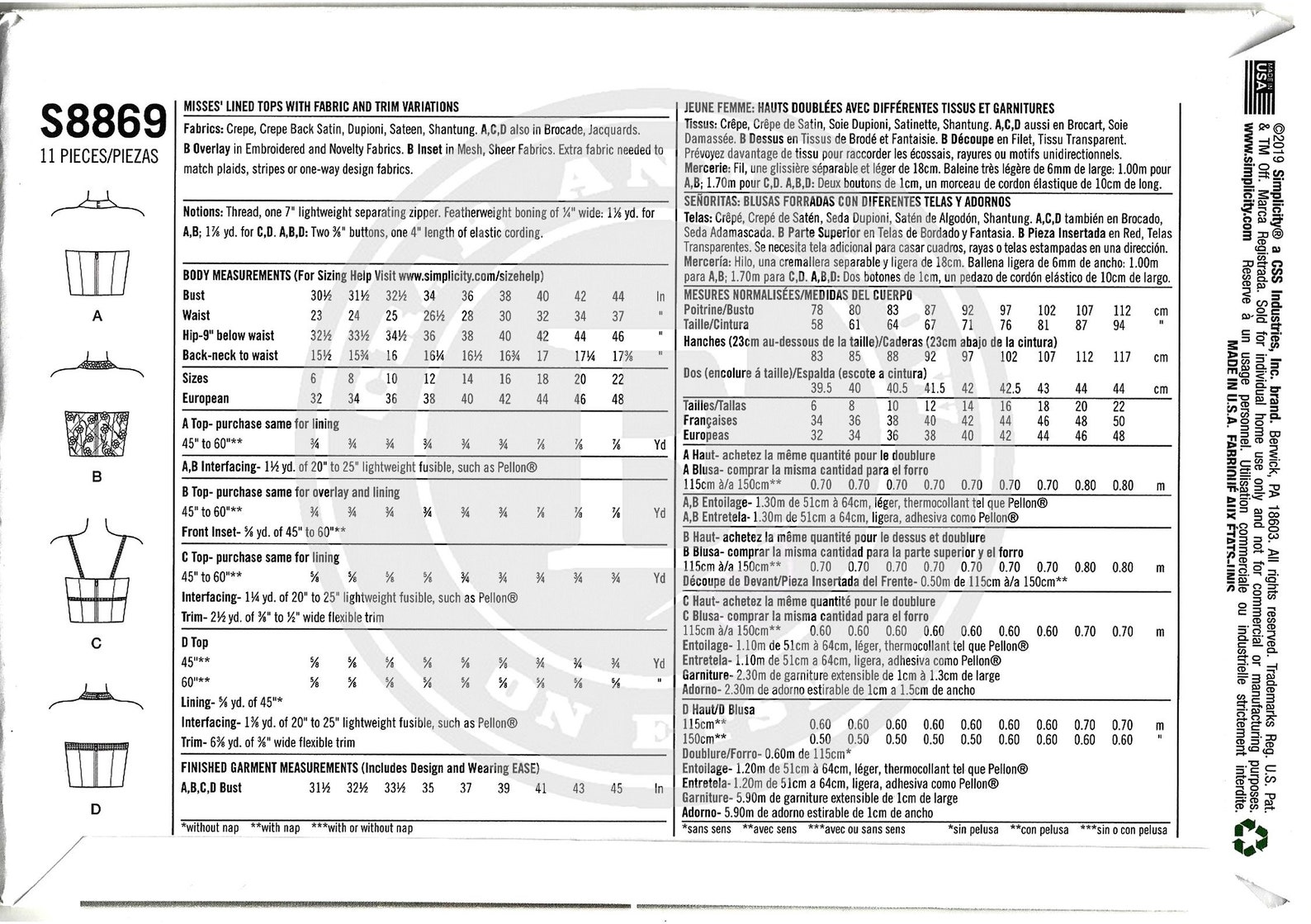 Simplicity S8869 Sewing Pattern Misses Lined Tops with Fabric | Etsy