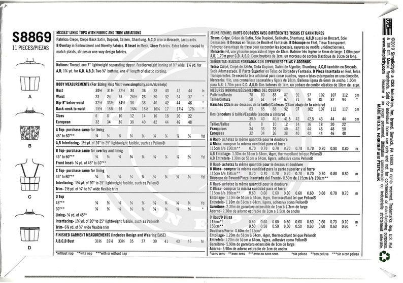 Simplicity S8869 Sewing Pattern Misses Lined Tops With Fabric and Trim ...