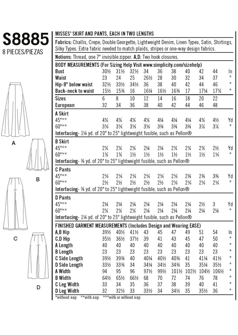 Simplicity S8885 Sewing Pattern Misses Skirt and Pants Each in - Etsy